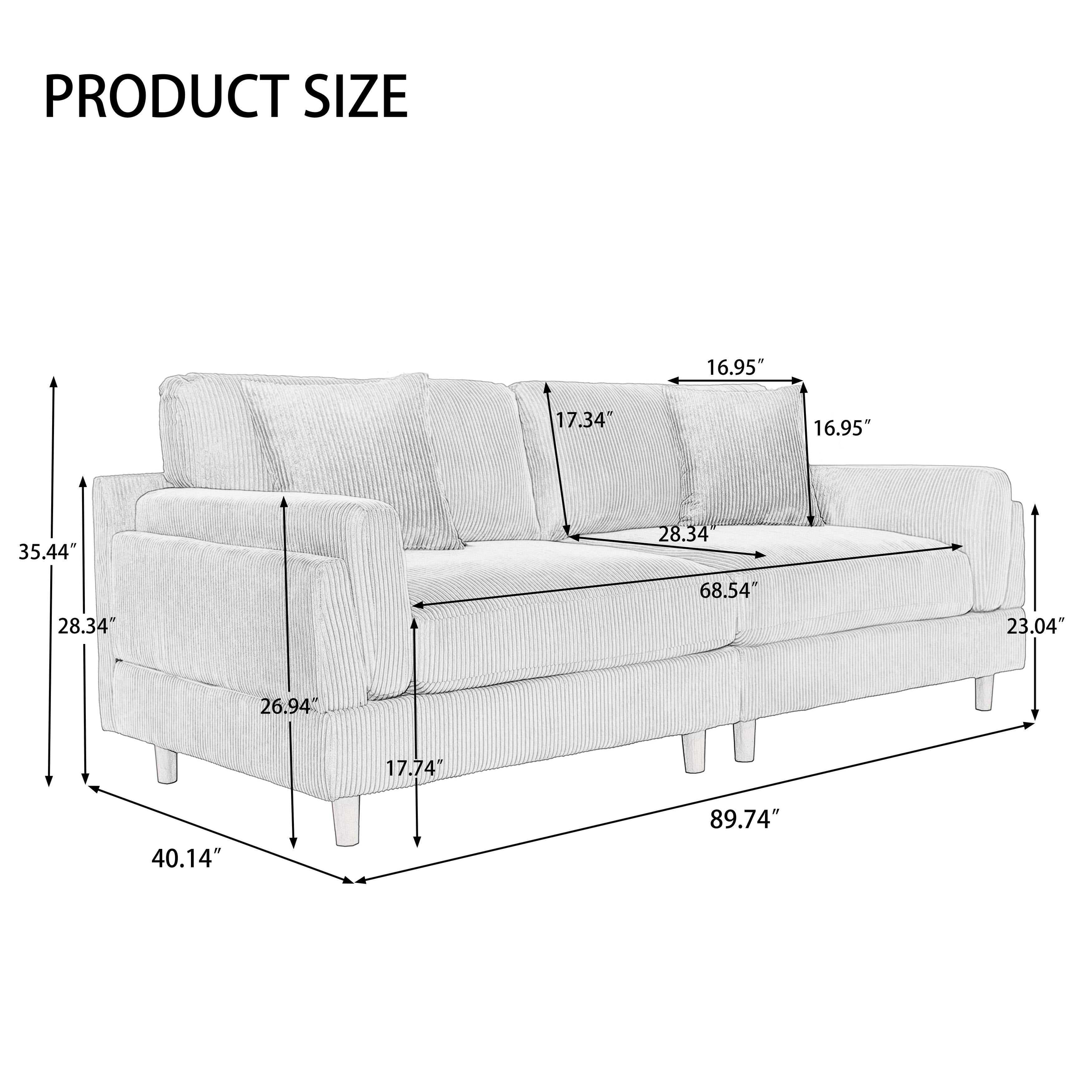 Jerry Guo Modern 90" inch Sofa Comfy Corduroy Deep Seats Sofa Light ...