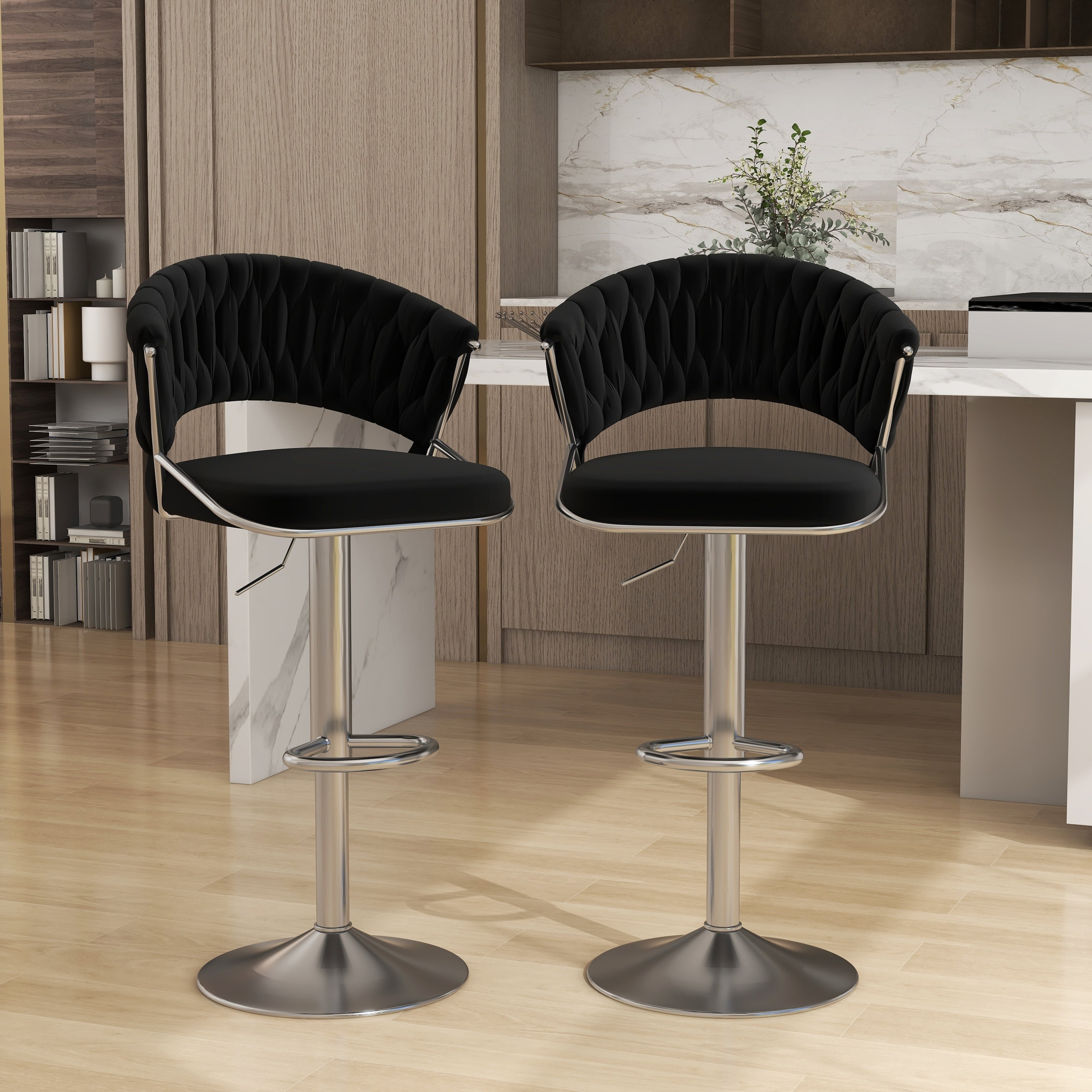 Lumibee Set of 2 Modern Velvet Adjustable Bar Stools with Backs Set of 2 - Black Silver ...
