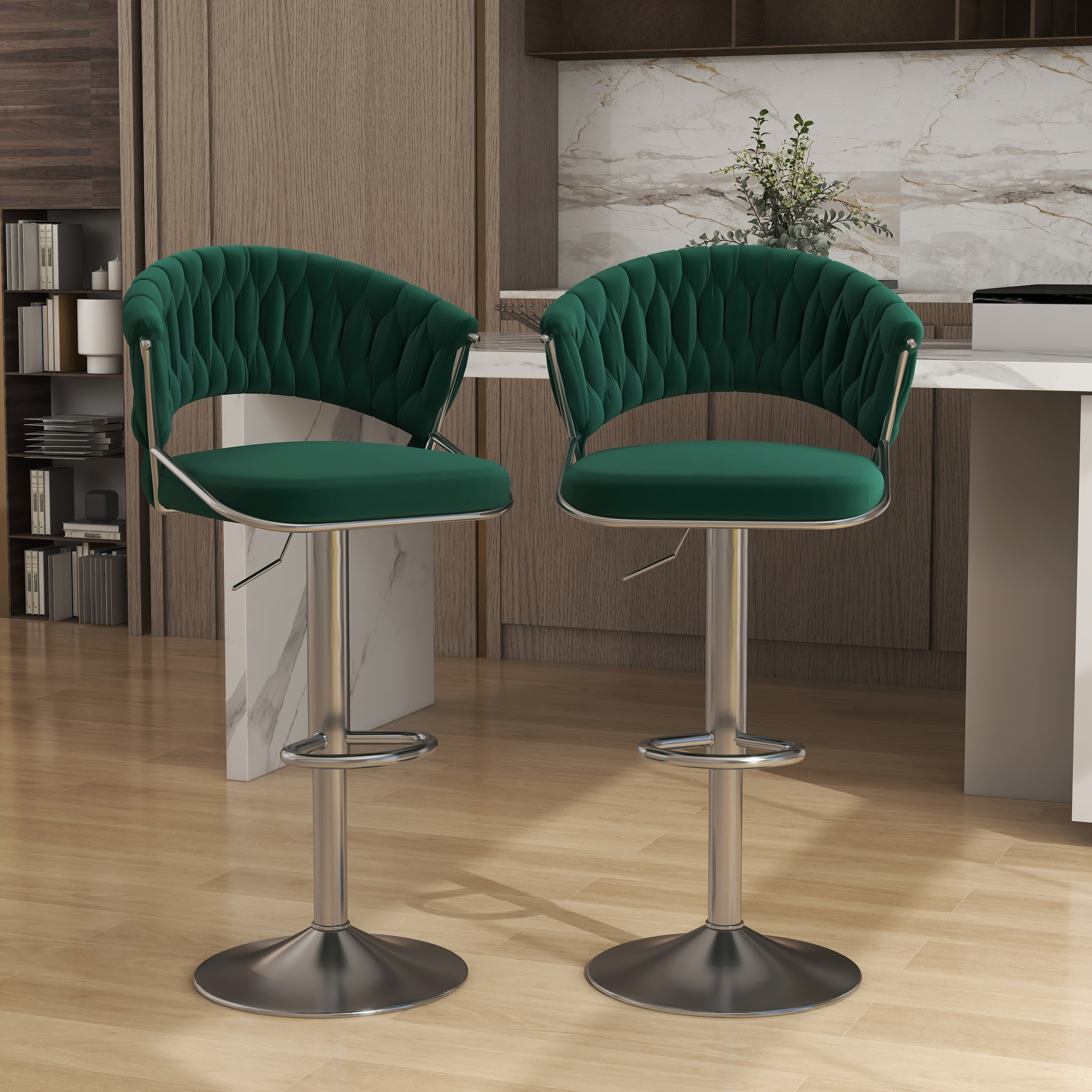 Jerry Guo Set of 2 Modern Velvet Adjustable Bar Stools with Backs Set of 2 - Dark Green Silver ...