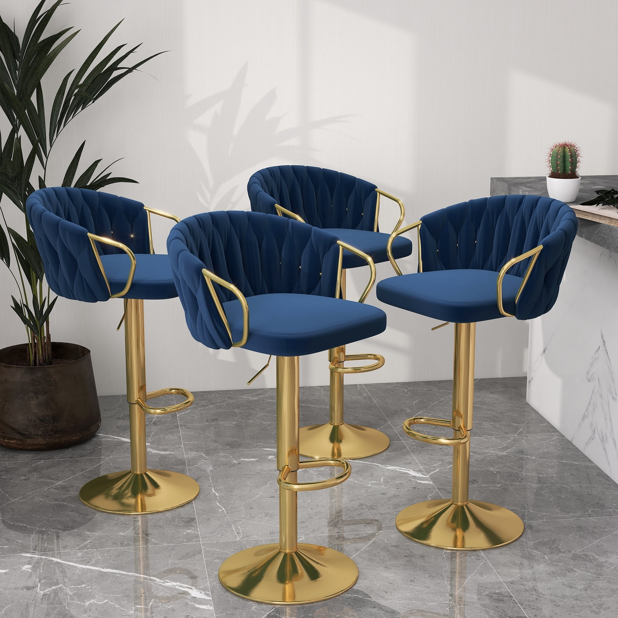 Jerry Guo Set of 4 Adjustable Tufted Bar Stools with Backs Navy Blue ...