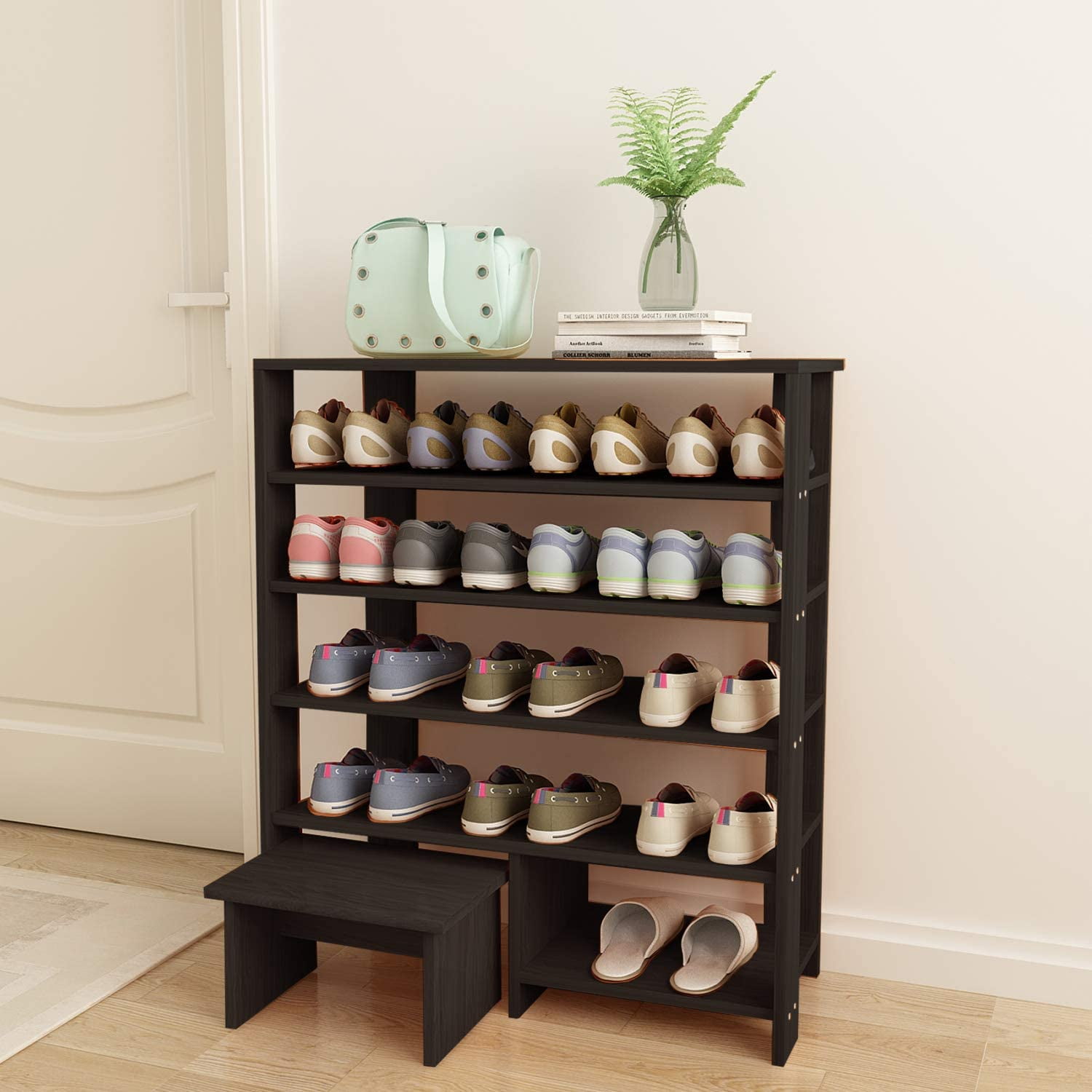 Jerry & Maggie - Wood MDF Shelf Shoe Rack with Footstool/Shoe Storage ...