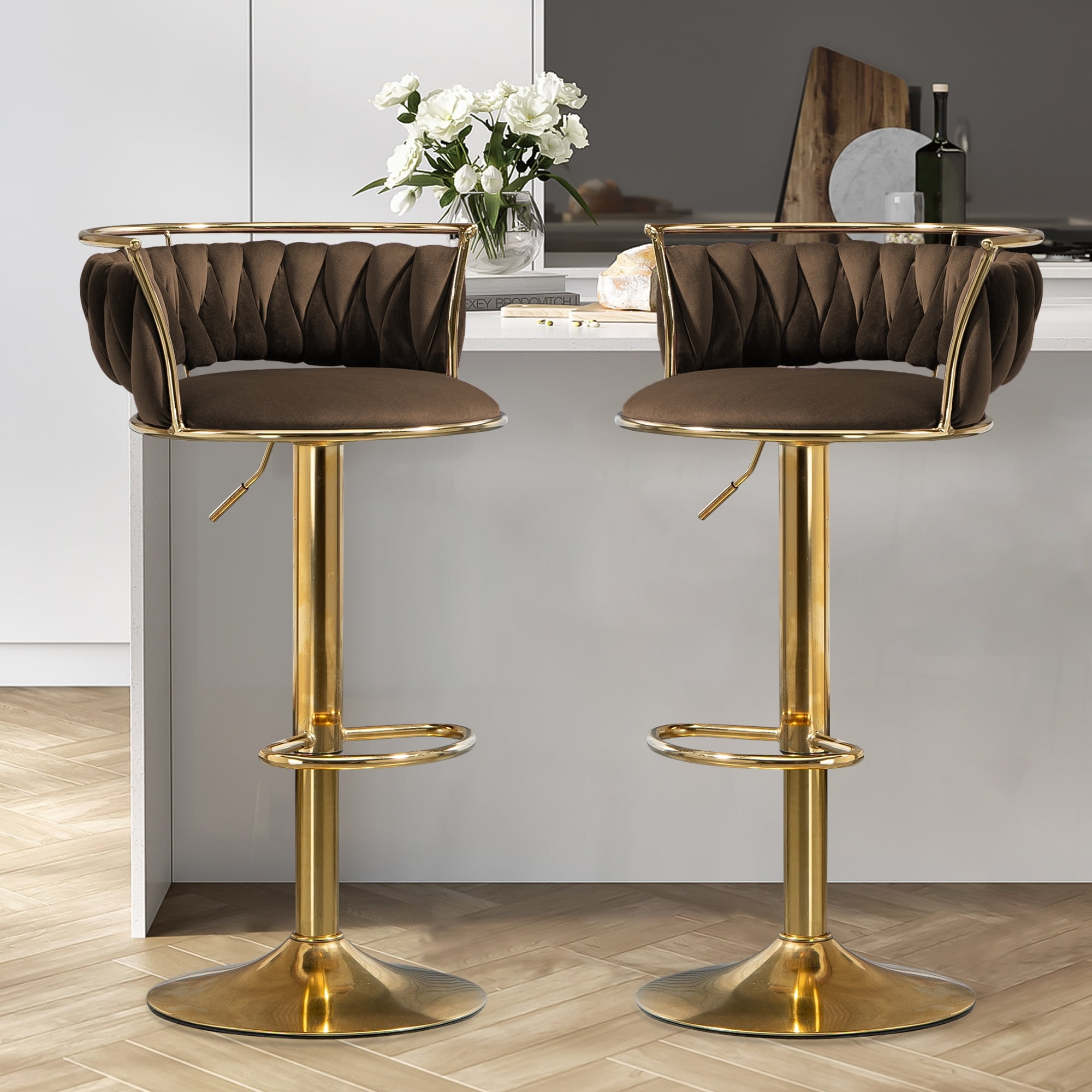 DREAMSIDEA Set of 2 Bar Stool Adjustable Swivel with Gold Frame COFFEE ...