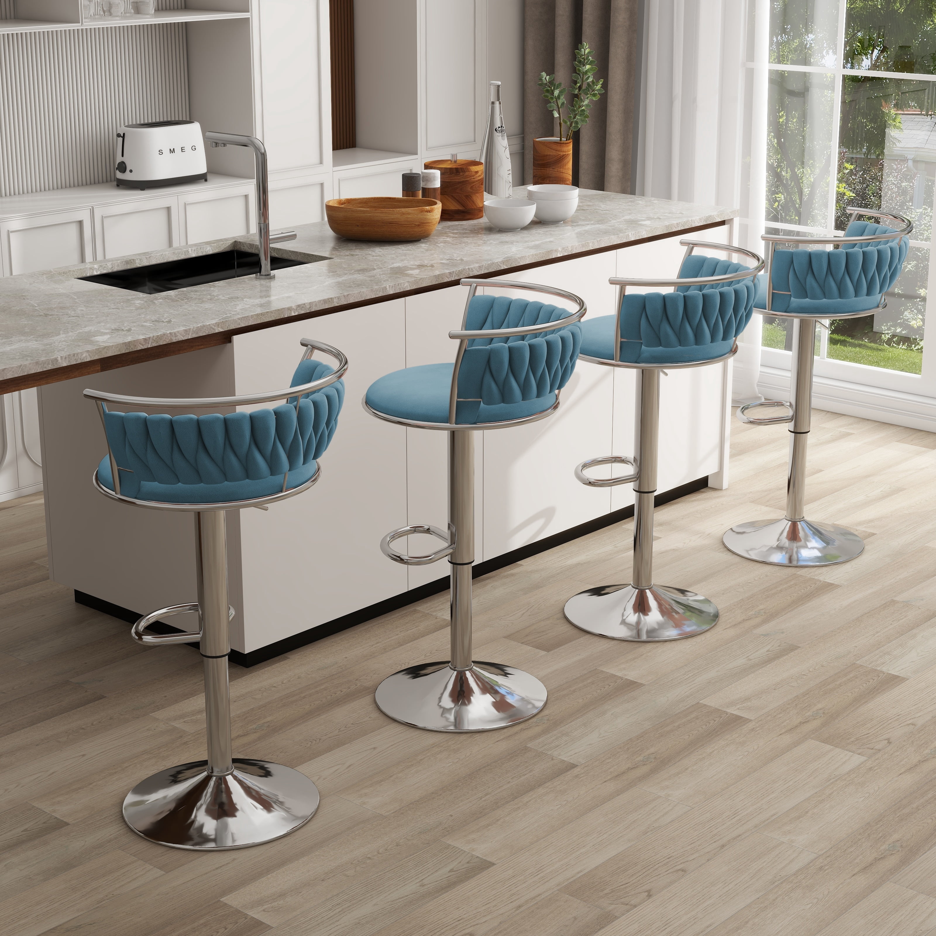 DREAMSIDEA Set of 4 Bar Stools Adjustable Swivel with Gold Frame SILVER ...