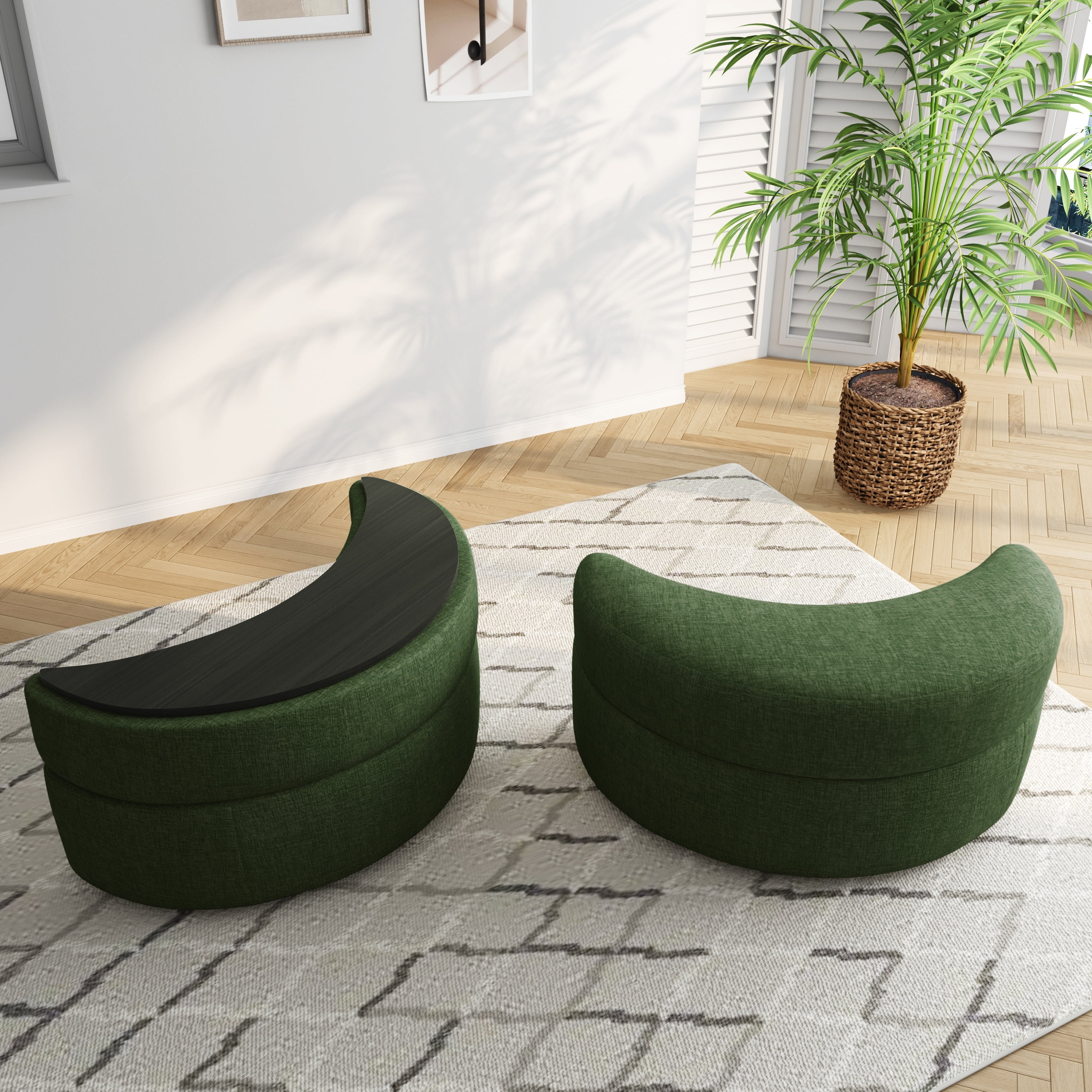 DREAMSIDEA Upholstered Half Moon Storage Ottoman with Tray Set of 2 ...