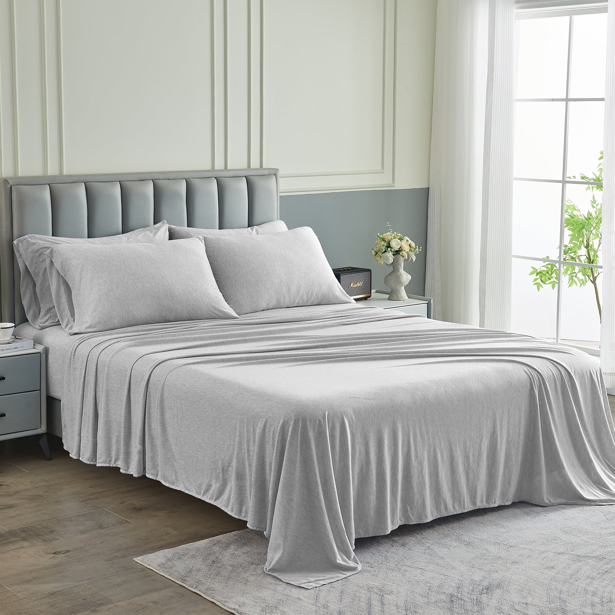 Jersey Sheets Full [4-Piece, Light Gray] Cotton Bed Sheets - Extra Soft ...