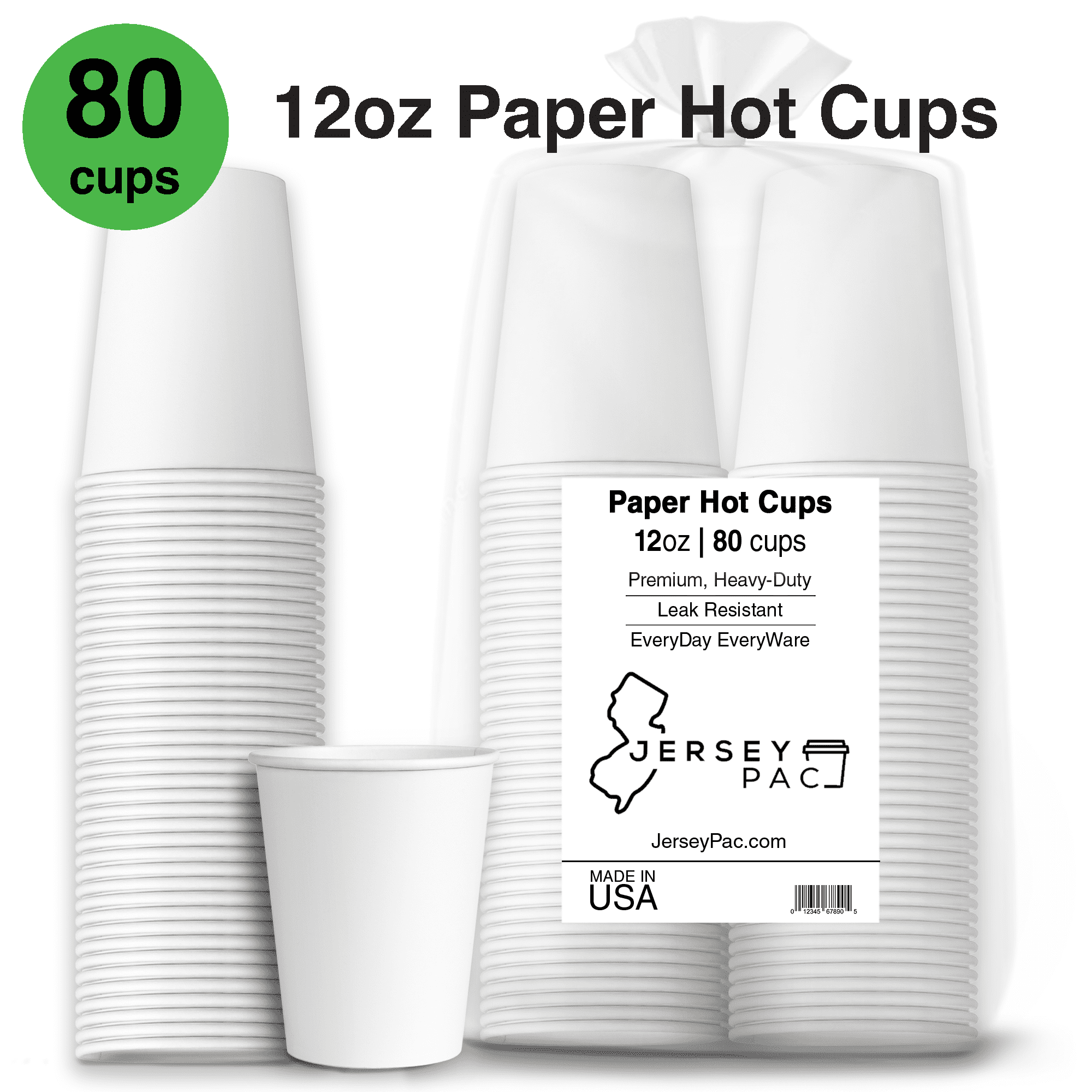 JerseyPac 12Oz Disposable Paper Hot Cups (80-Count) Hot Coffee, Tea, Cocoa Party Use - Thick ...