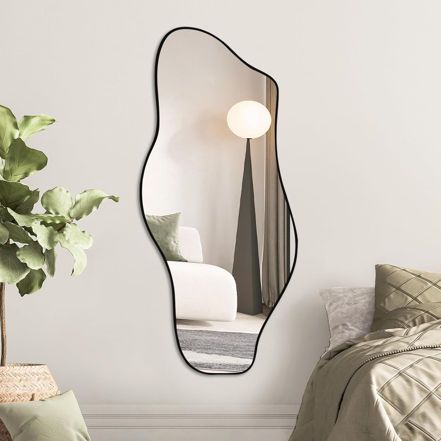 Jesmaikor Large Irregular Wall Mirror 47.2"x21", Unique Shaped Black ...