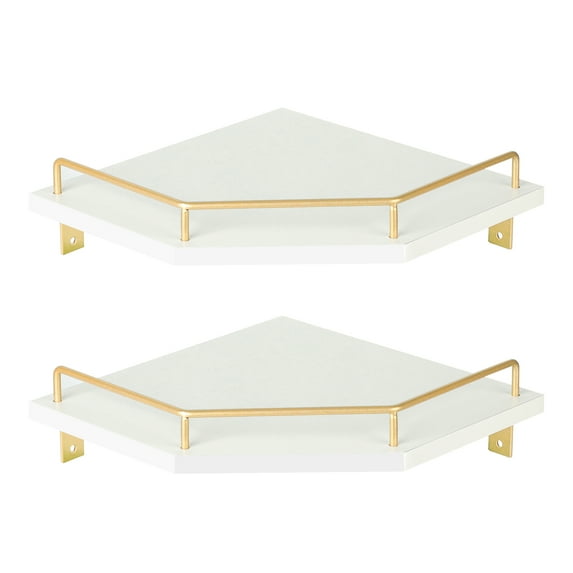 Jessac White Wall Mount Corner Shelf with Gold Metal Guardrail, 2-Tier ...