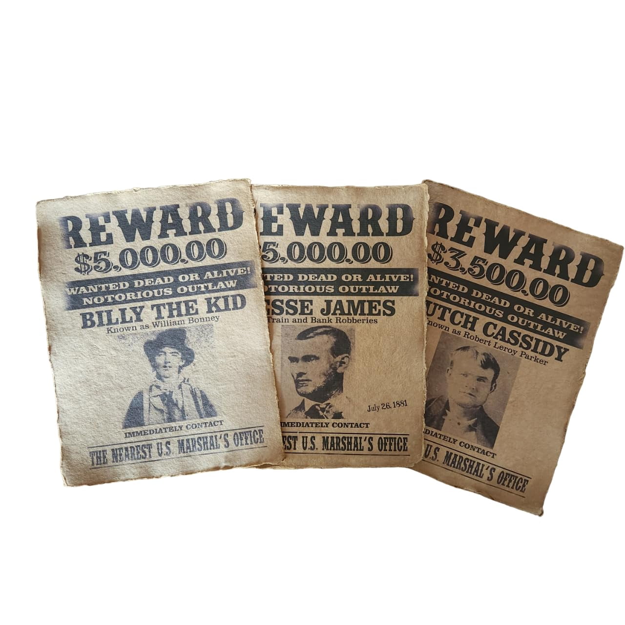 Jesse James, Billy the Kid, Butch Cassidy aged printed Wanted Posters ...