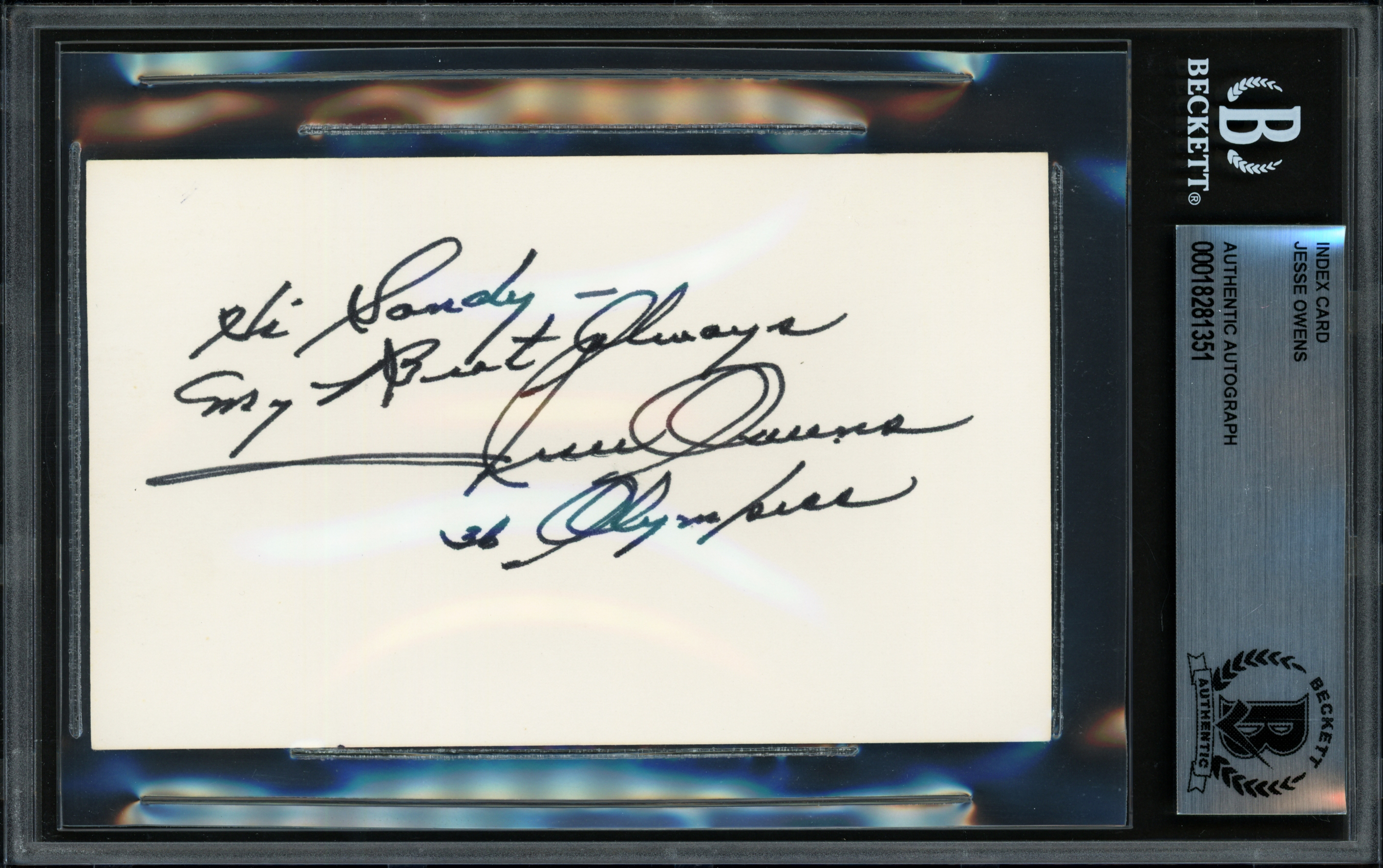 Jesse Owens Autographed 3x5 Index Card 1936 Olympics "Hi Sandy My Best ...