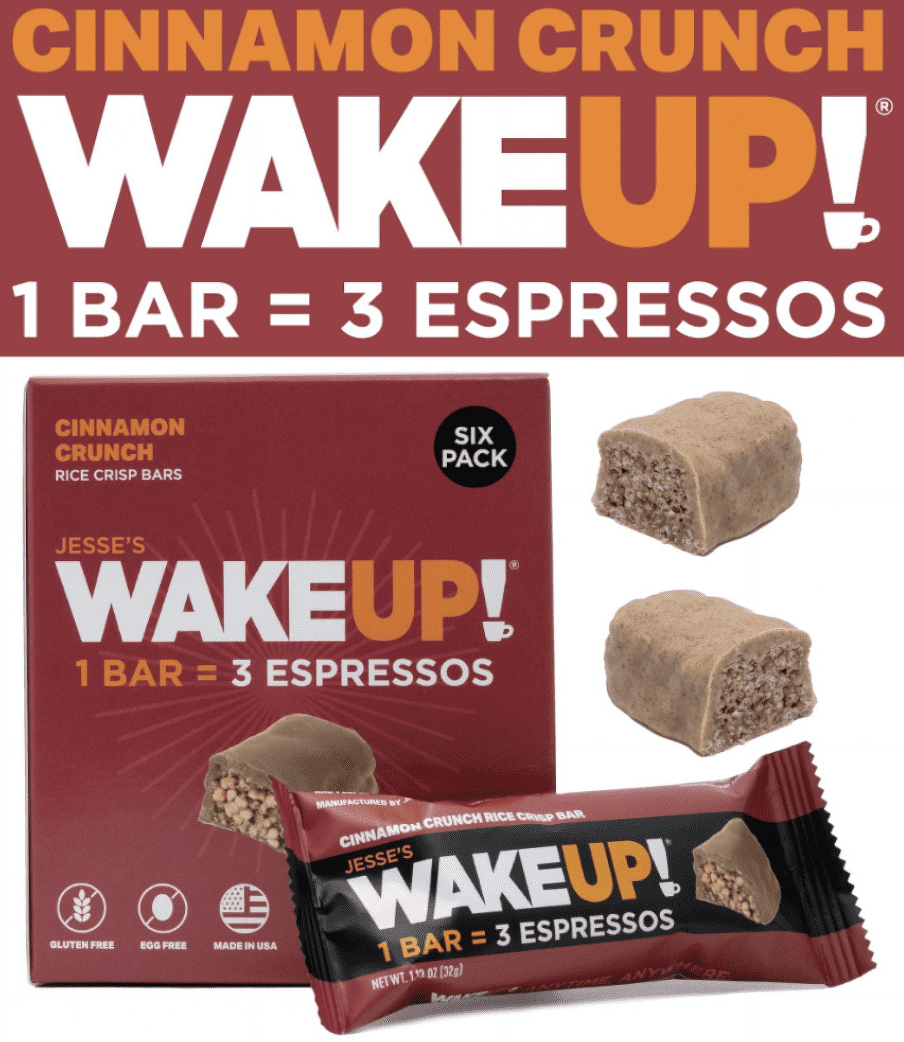 Wake UP! Caffeinated Cinnamon Crunch Protein Bar - Gluten Free, 250mg ...