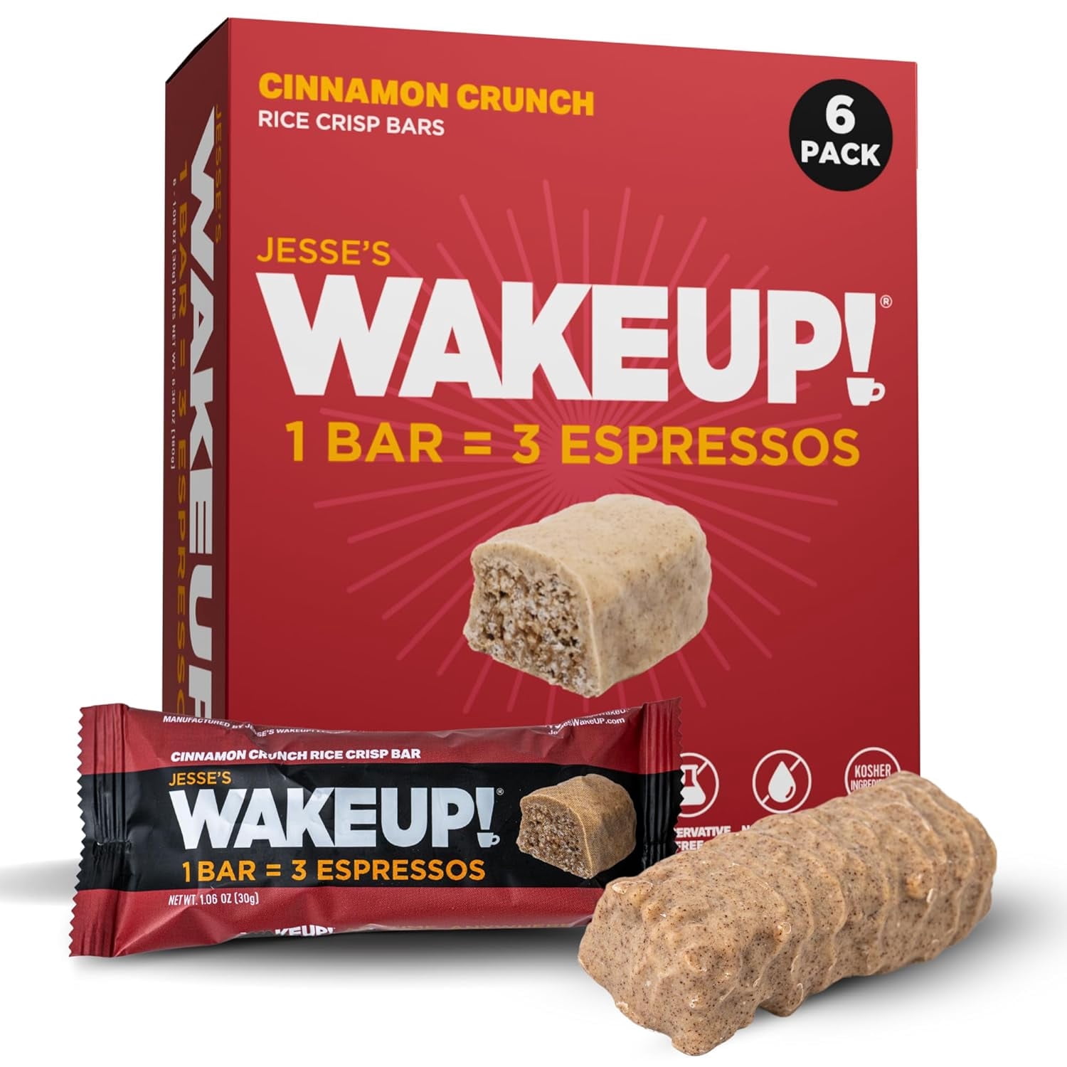 Wake UP! Caffeinated Cinnamon Crunch Protein Bar - Gluten Free, 250mg ...