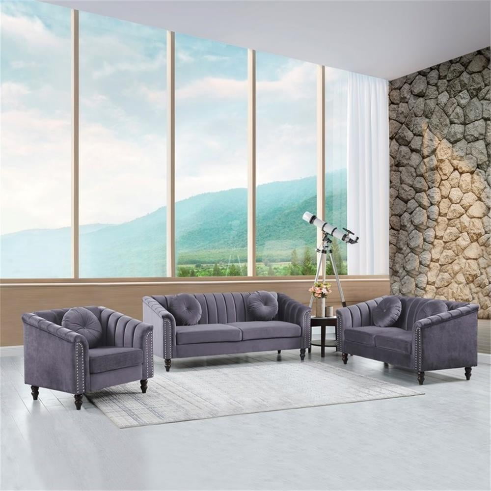 Jessica 3-Piece Gray Microfiber Fabric Couch Living Room Set with ...