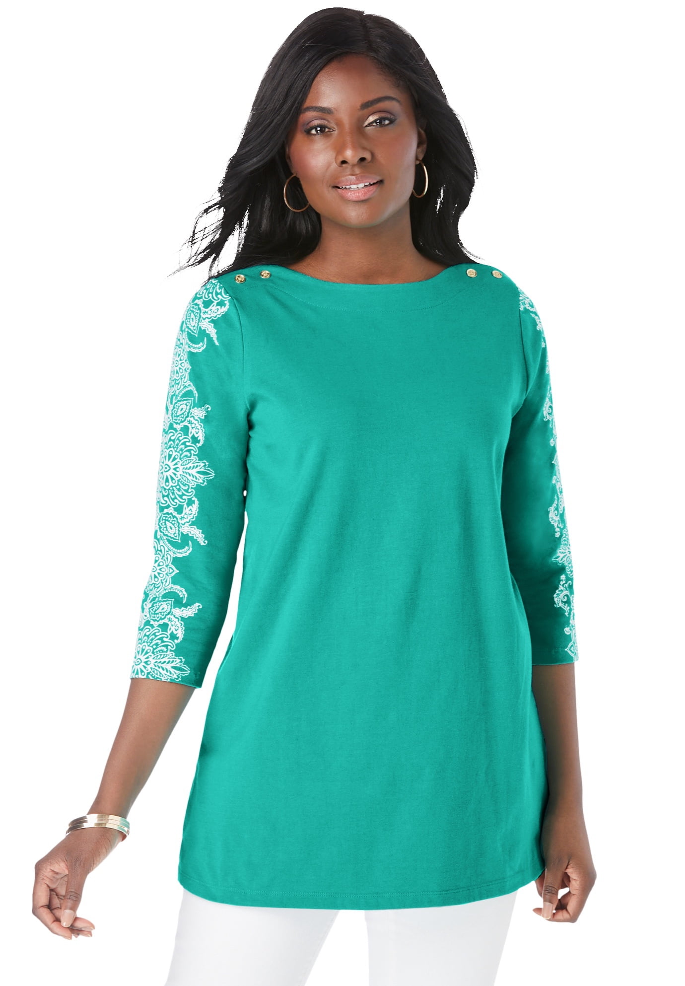 Jessica London Women's Plus Size Boatneck Tunic Top 3/4 Sleeve Shirt Loose Fit - Walmart.com