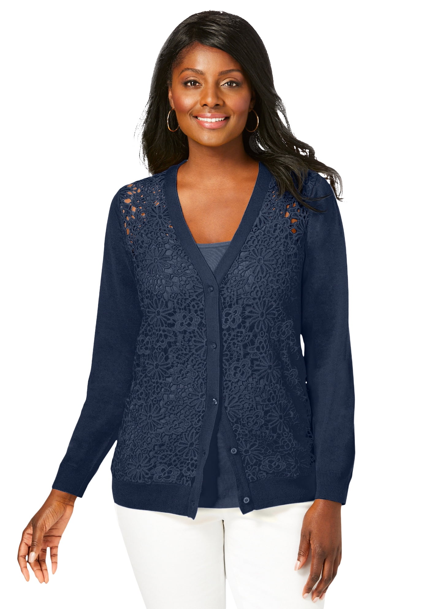 Jessica London Women's Plus Size Crochet Button-Front Cardigan ...
