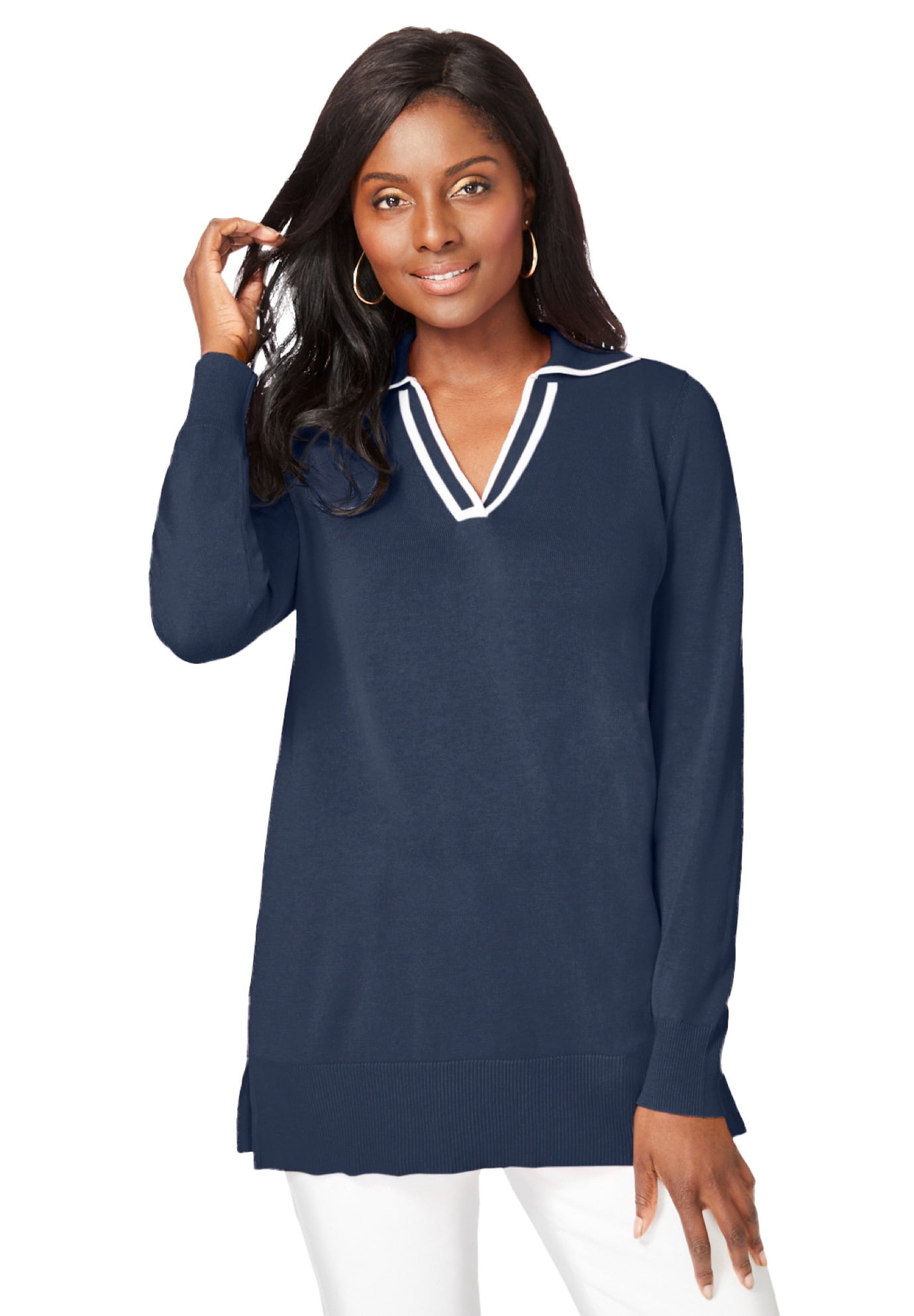 Jessica London Women's Plus Size Fine Gauge Contrast Tipped Collar ...