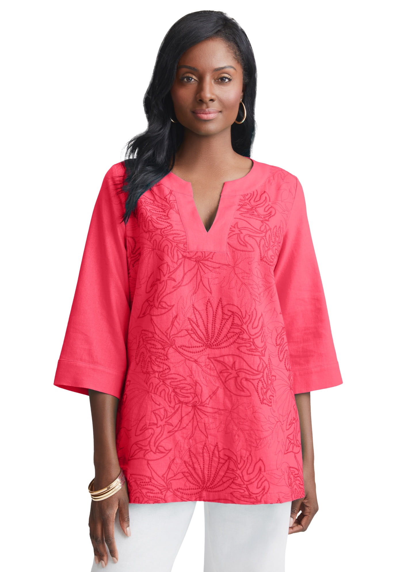 Jessica London Women's Plus Size Linen V-Neck Embroidered Tunic ...