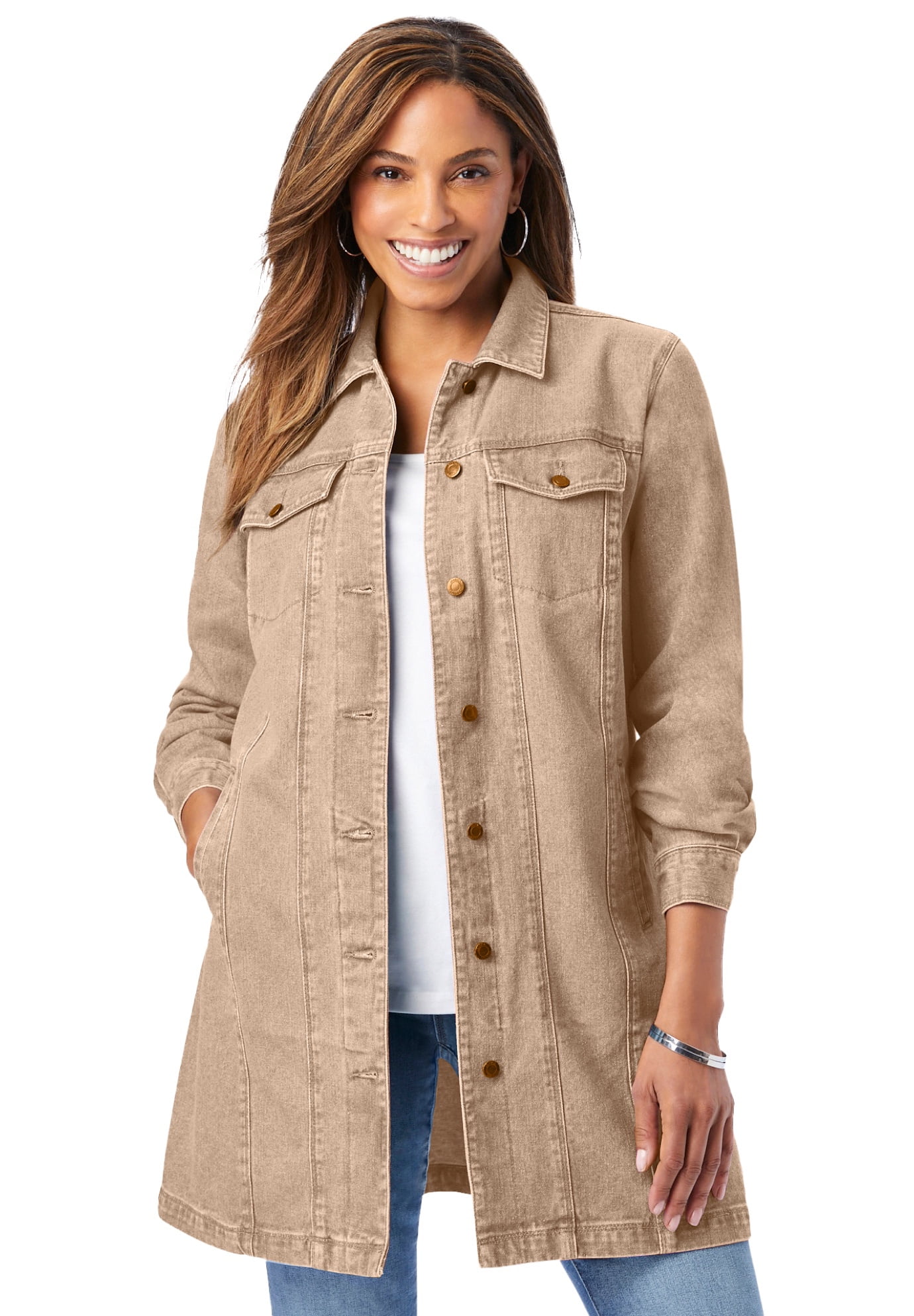 Jessica London Women's Plus Size Tunic Length Denim Jacket with On-Seam ...