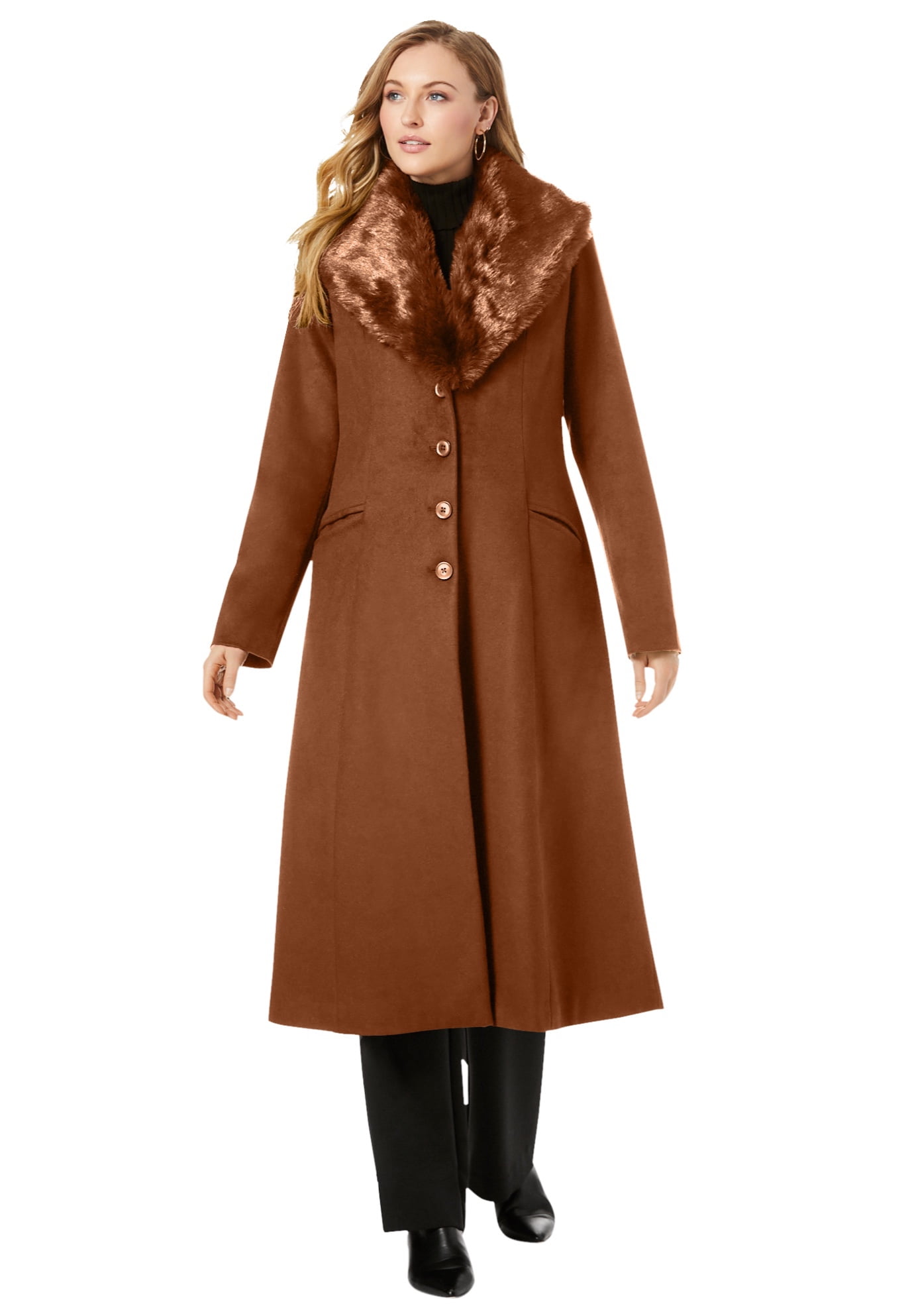 Jessica London Women's Plus Size Long Wool-Blend Coat With Faux Fur ...