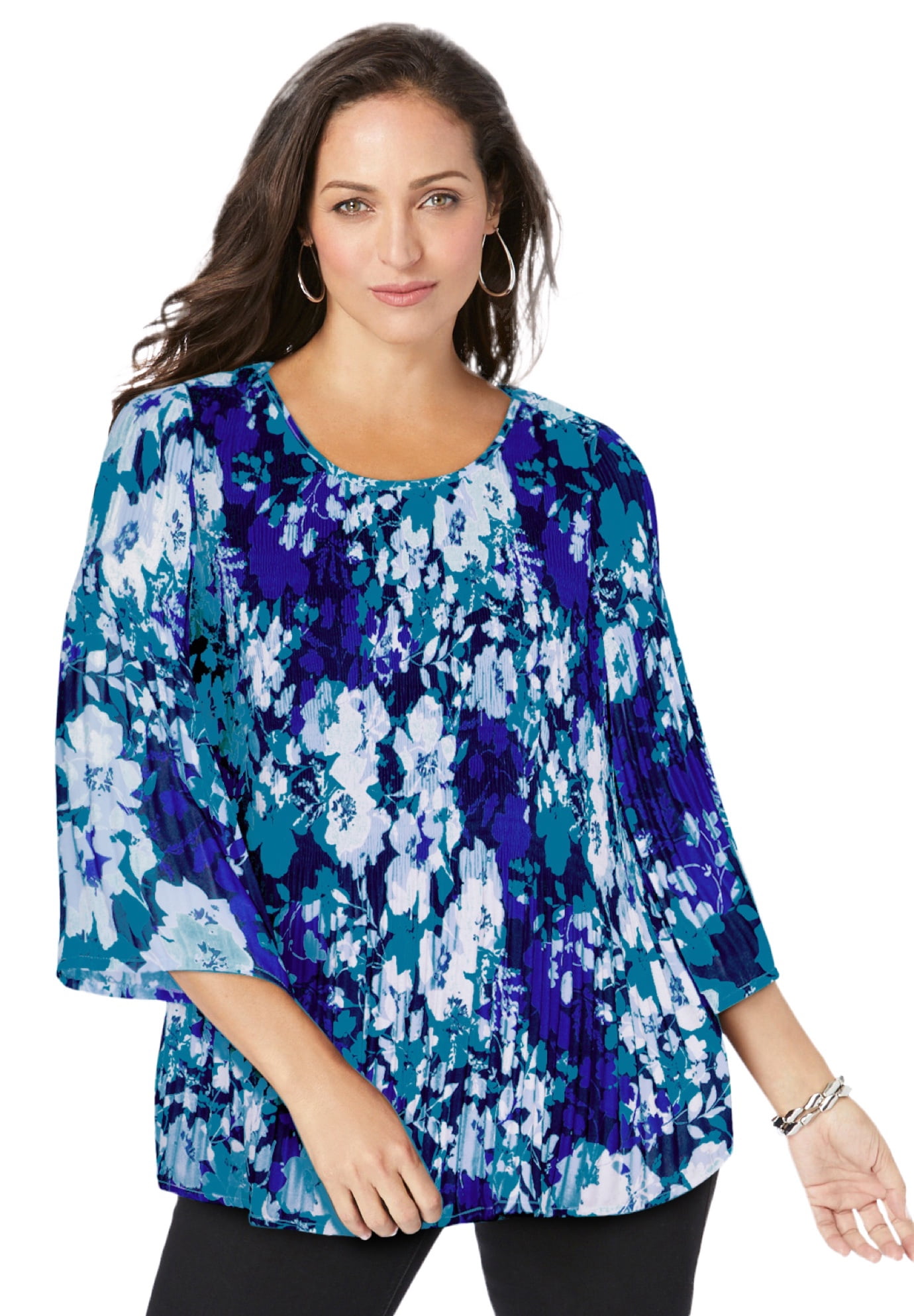Jessica London Womens Plus Size Pleated Blouse 24 W Sapphire Layered Garden