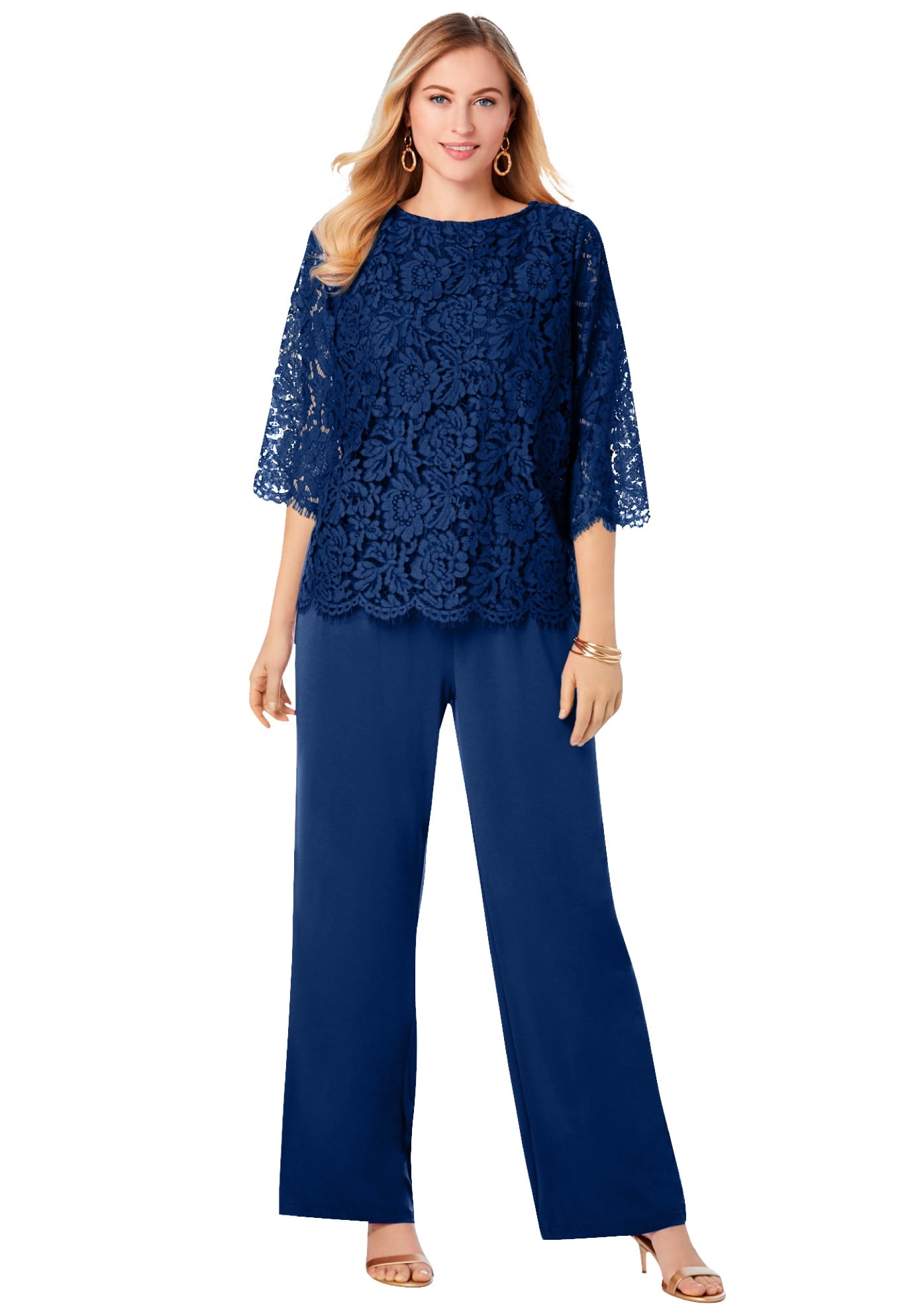 Jessica London Womens Plus Size Popover Elastic Waist Wide Leg Lace Jumpsuit 16 W Evening