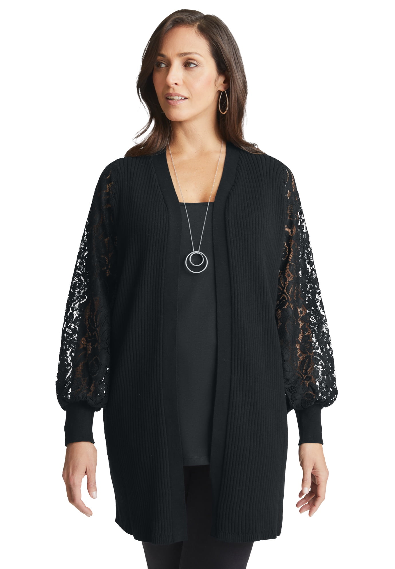 Jessica London Women's Plus Size Rib Lace Sleeve Cardigan - Walmart.com
