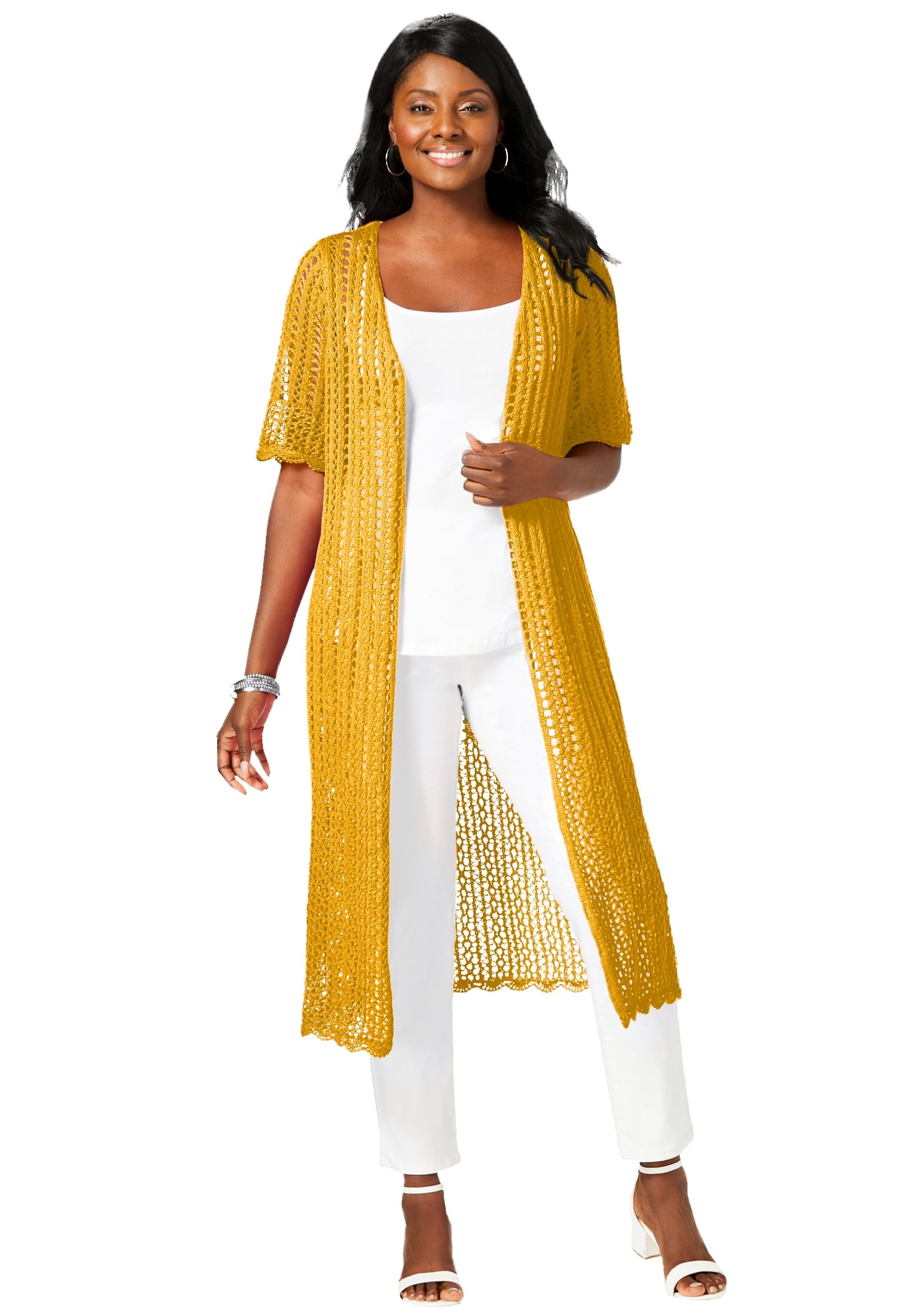 Jessica London Women's Plus Size Scalloped Crochet Sweater Duster ...