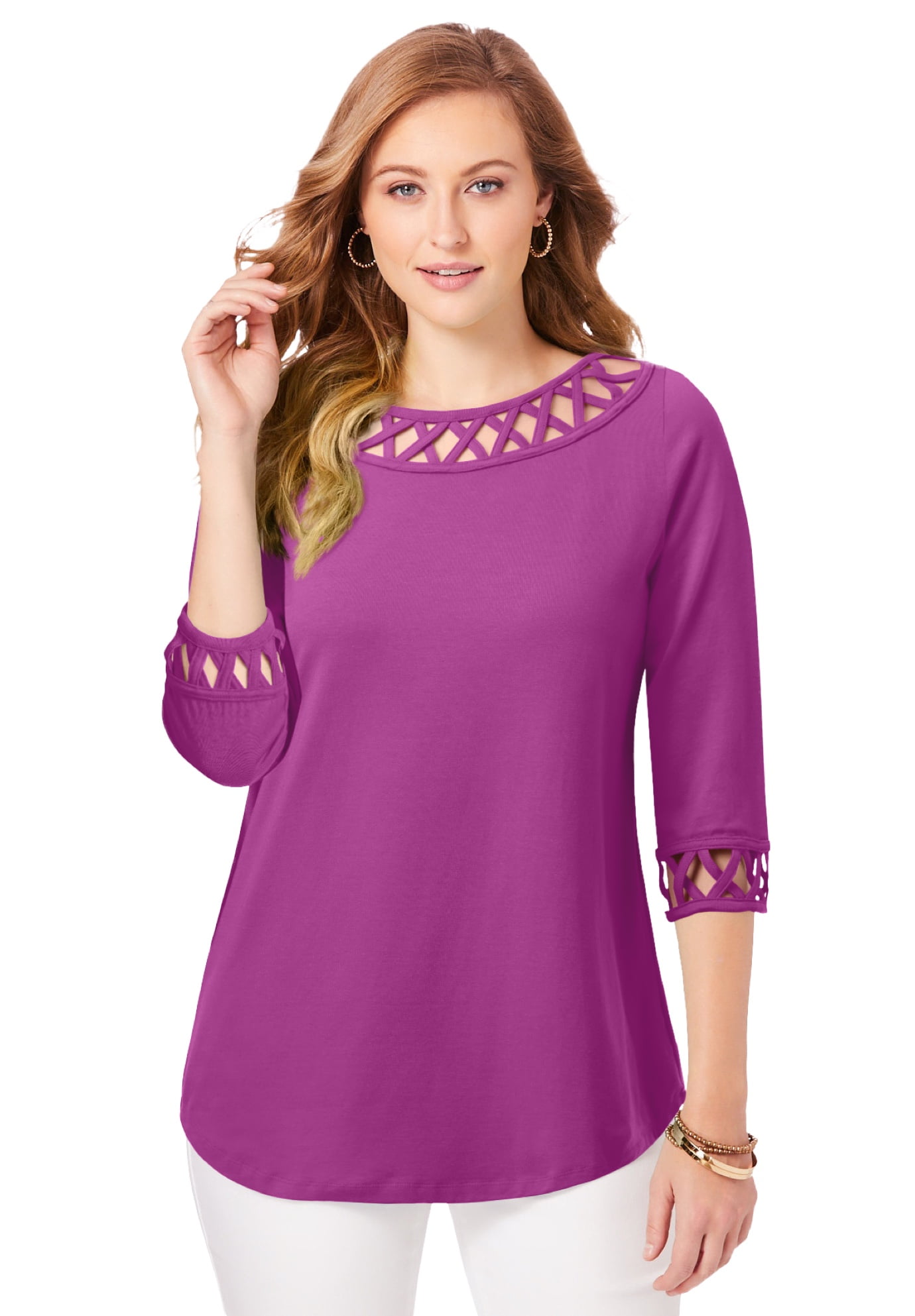 Jessica London Women's Plus Size Stretch Cotton Lattice Boatneck Tunic ...