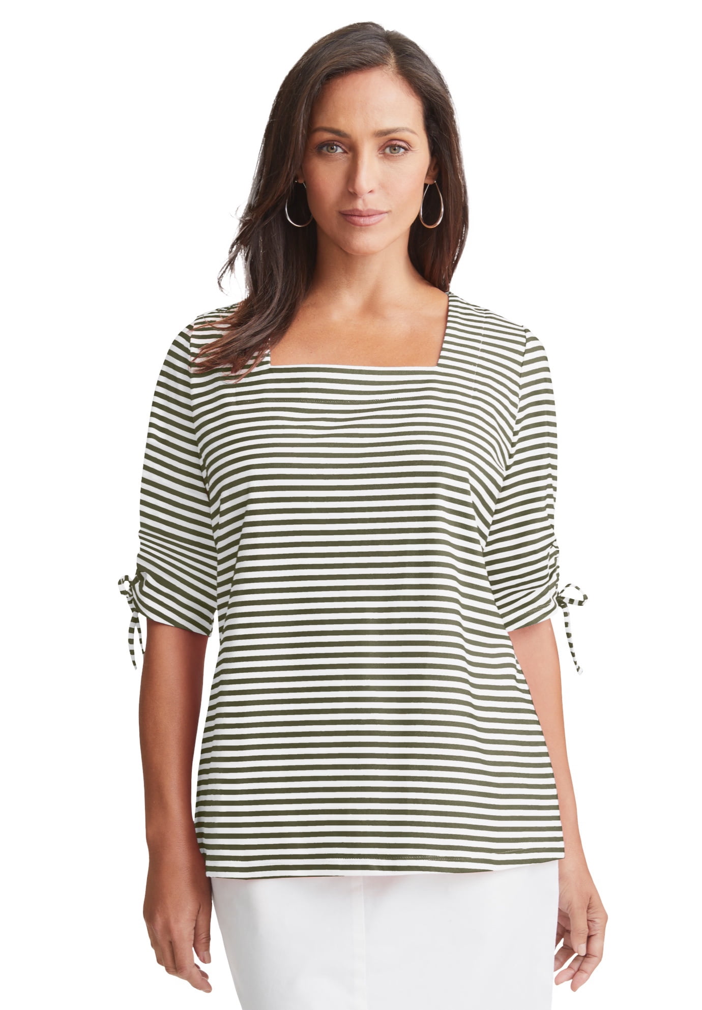 Jessica London Women's Plus Size Stretch Cotton Tie Sleeve Square Neck ...