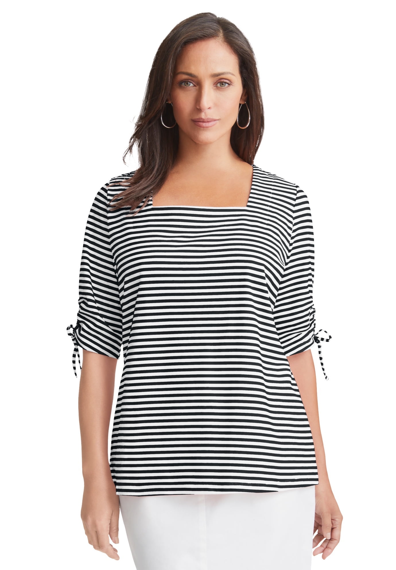 Jessica London Women's Plus Size Stretch Cotton Tie Sleeve Square Neck ...