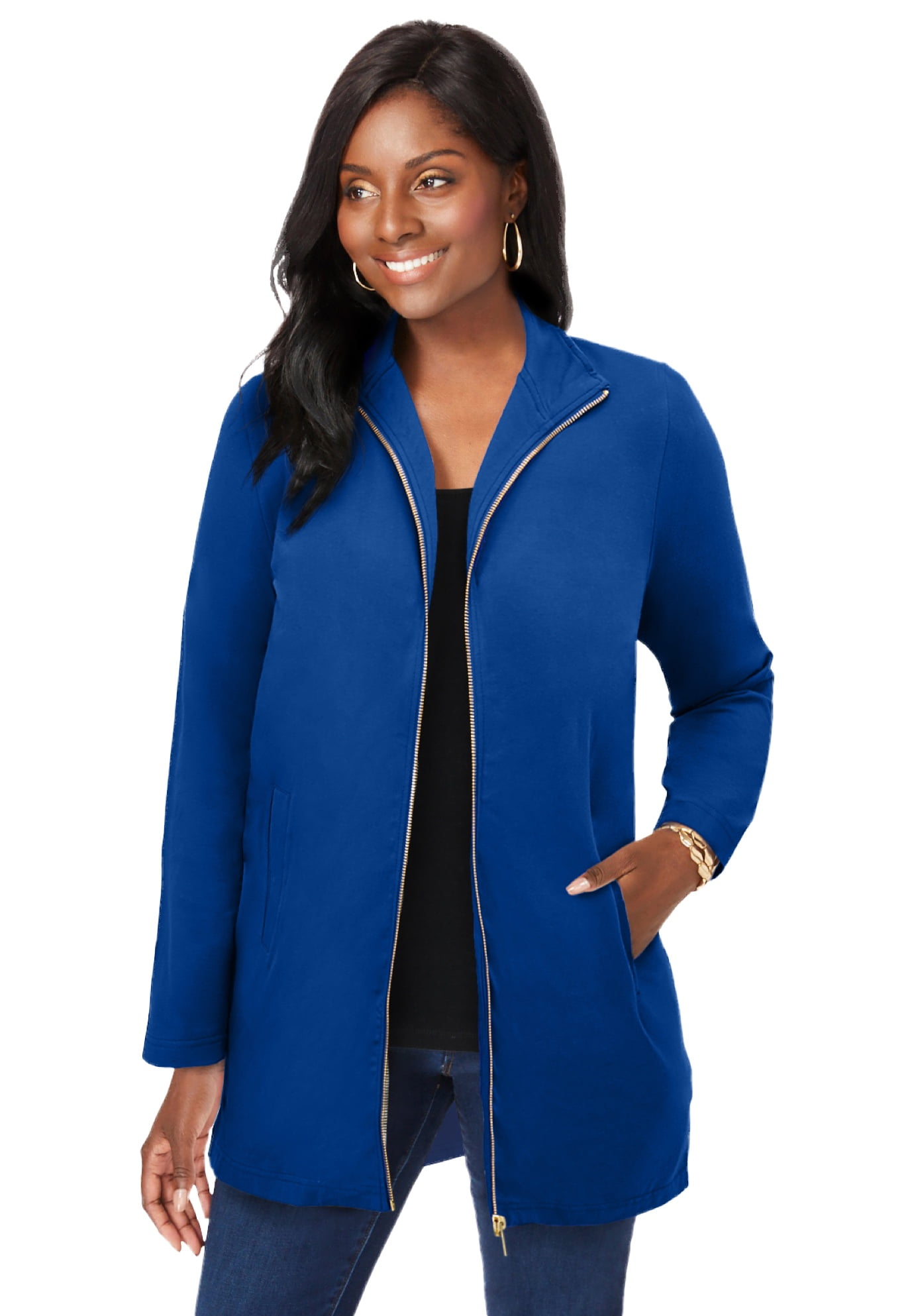 Jessica London Women's Plus Size Stretch Cotton Zip Front Hi-Low Jacket ...