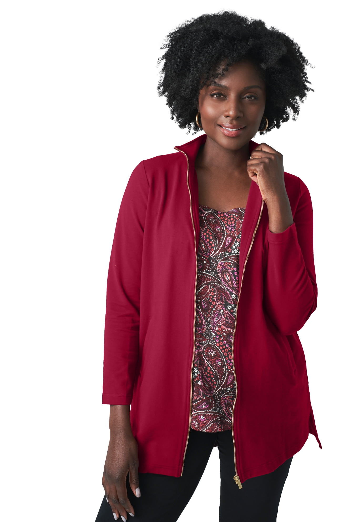 Jessica London Women's Plus Size Stretch Cotton Zip Front Hi-Low Jacket ...