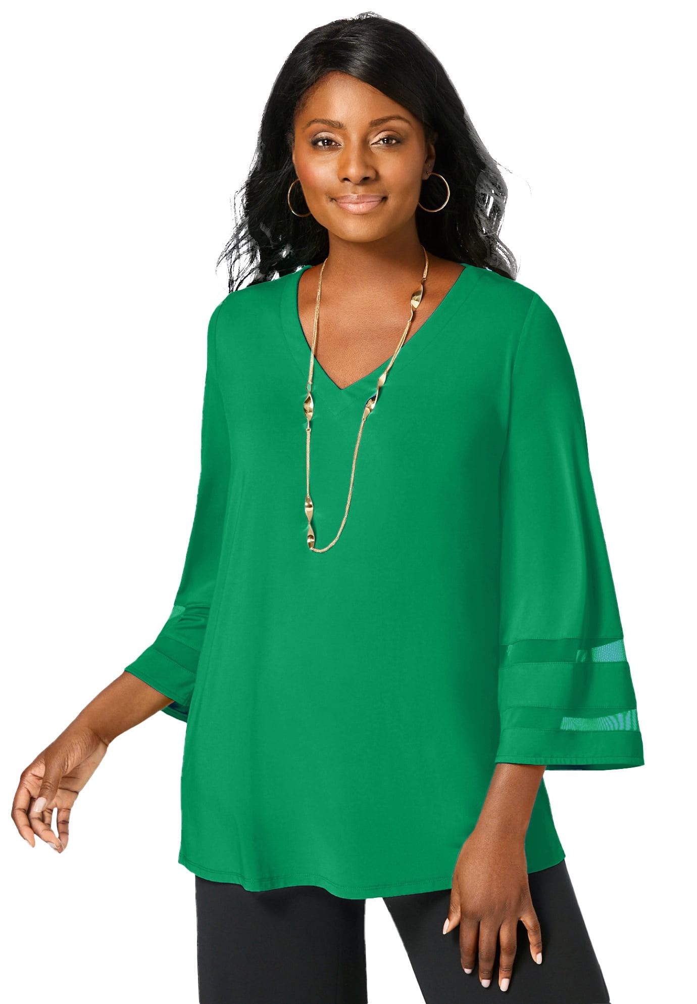 Jessica London Women's Plus Size Stretch Knit Mesh Inset Sleeve Tunic ...