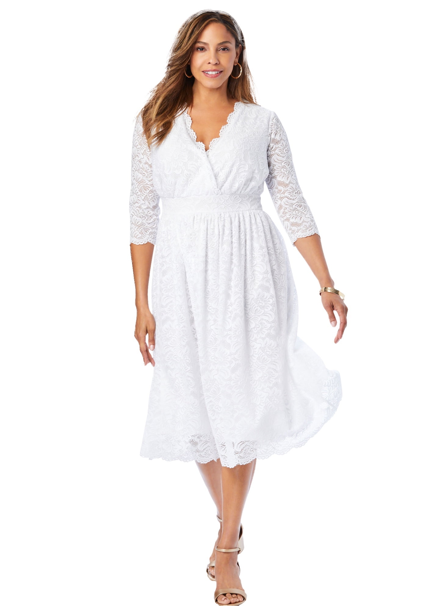 Jessica London Women's Plus Size Stretch Lace A-Line Dress V-Neck 3/4 ...