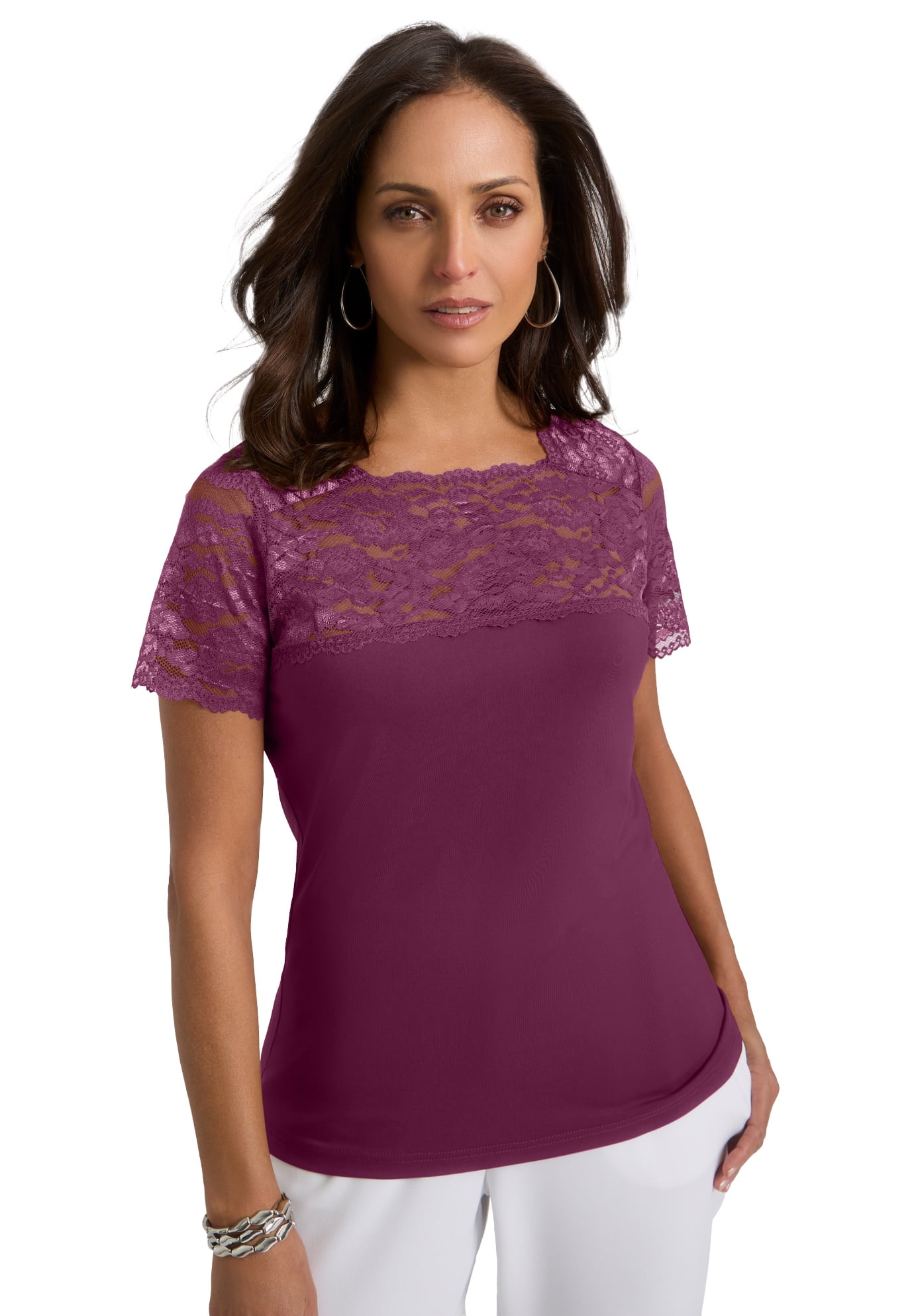 Jessica London Women's Plus Size Stretch Lace Neckline Top - Walmart.com