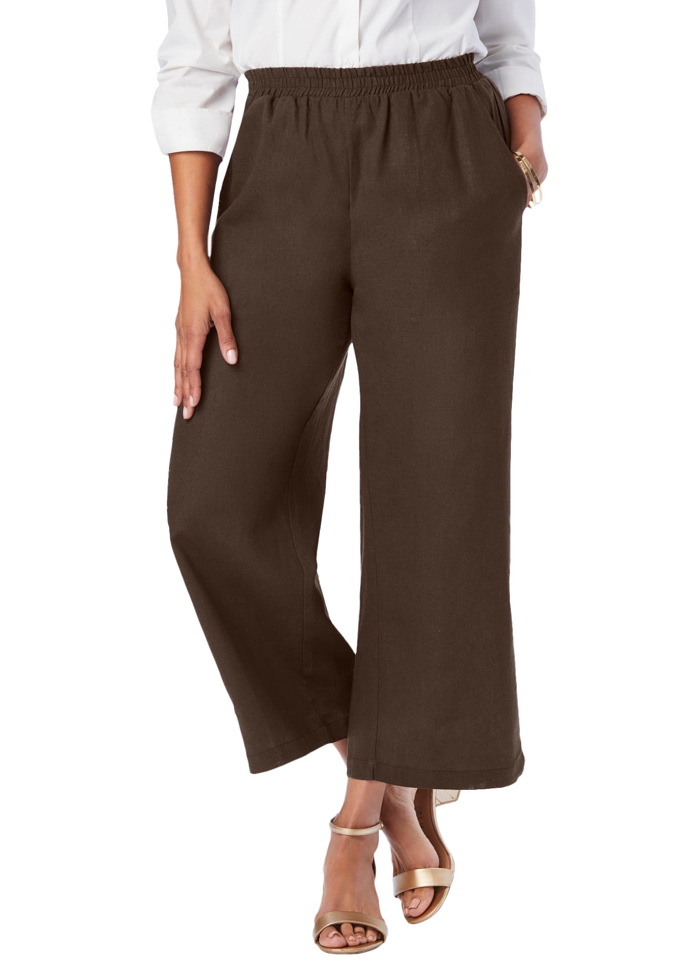 Jessica London Womens Plus Size Wide Leg Linen Crop Pants Elastic