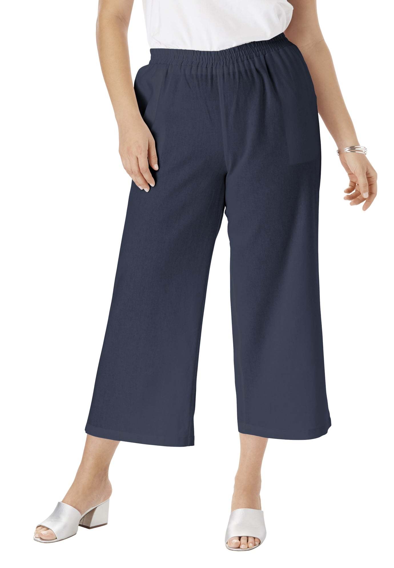 Jessica London Women's Plus Size Wide Leg Linen Crop Pants Elastic ...