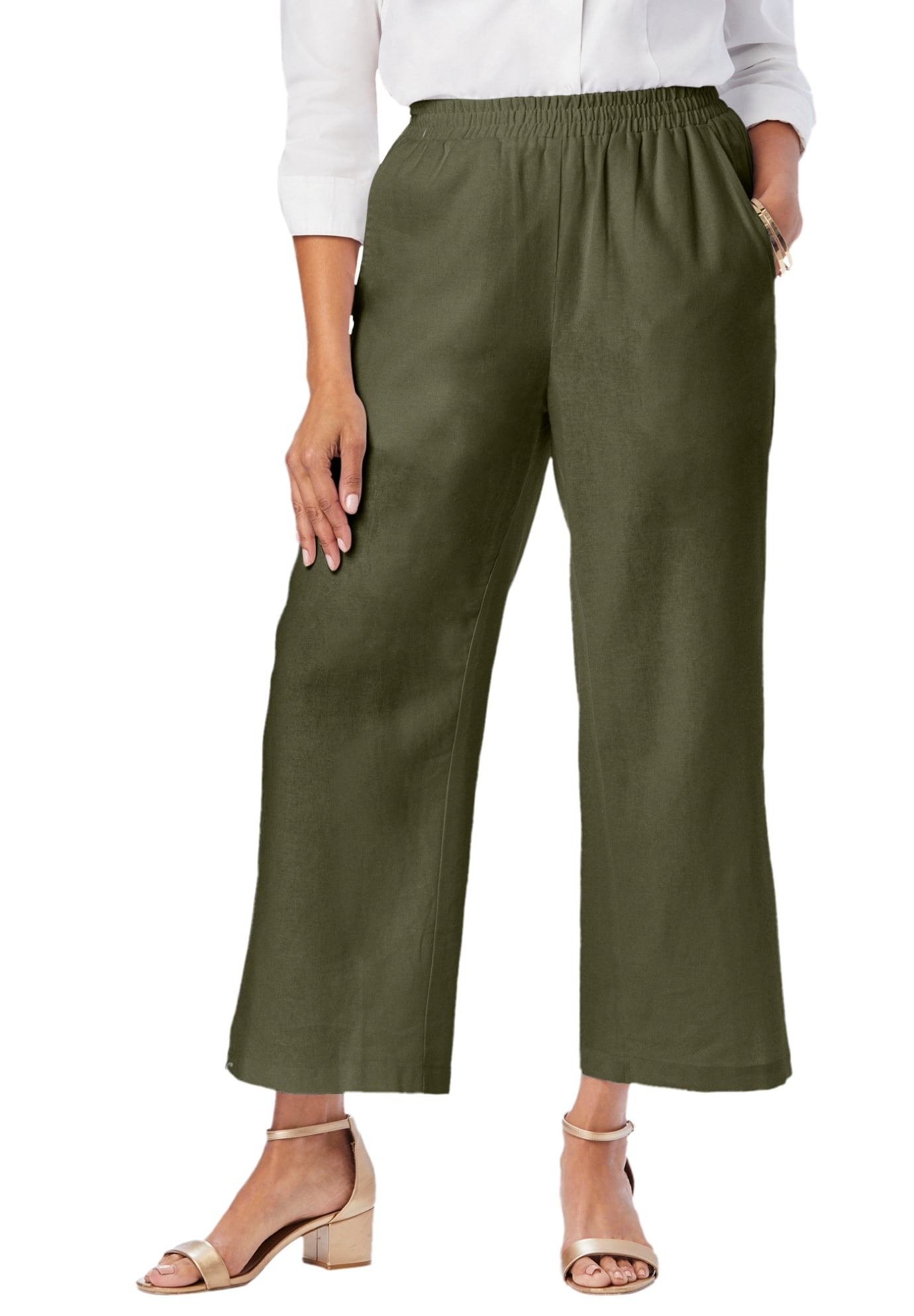 Jessica London Women's Plus Size Wide Leg Linen Crop Pants Elastic ...
