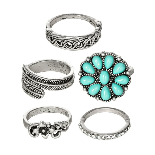 Jessica Simpson Faux silver tone, Turquoise Stone Ring Set, Set of 5 ...