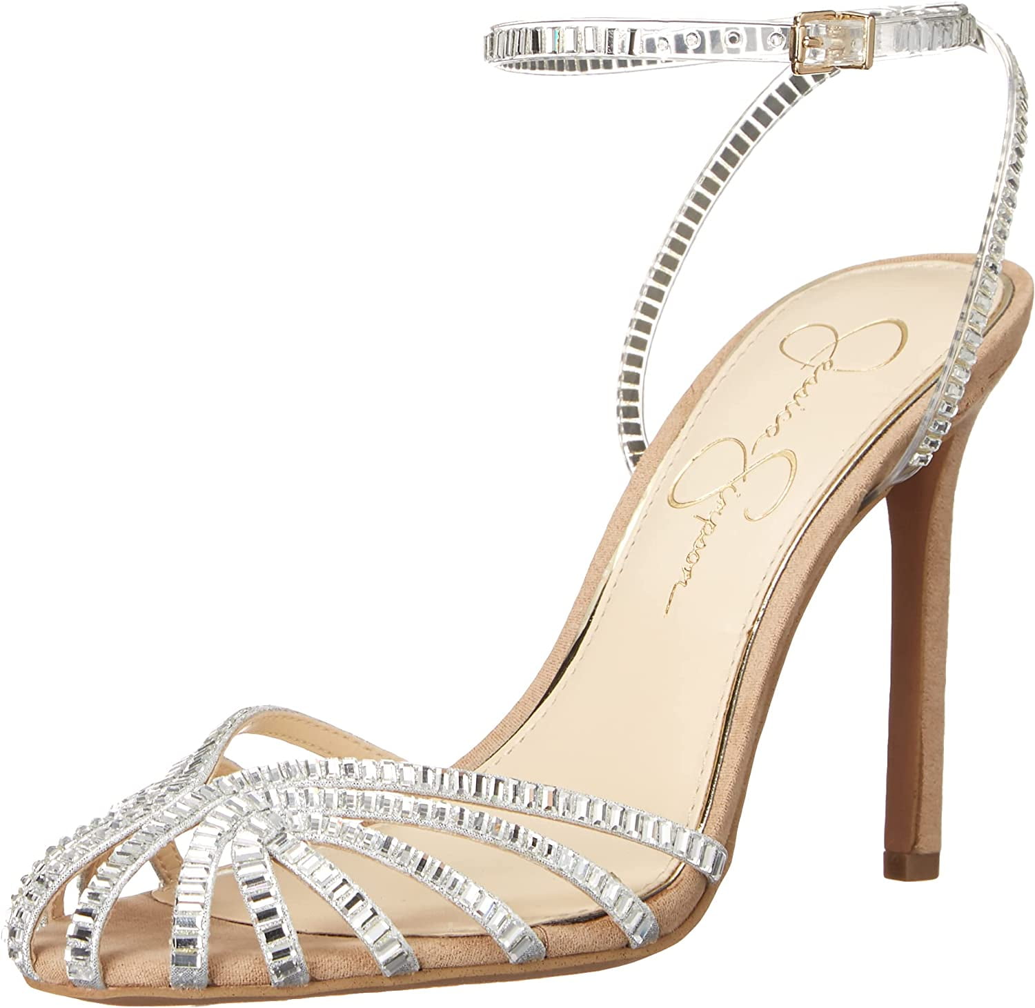 Jessica Simpson Jileta Silver Ankle Strap Round Caged Toe Stiletto ...