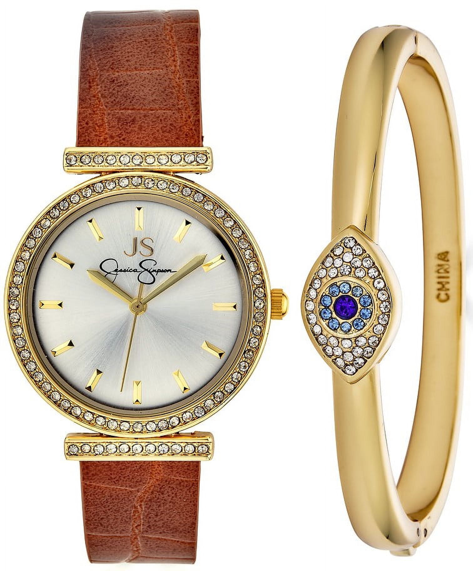 Jessica Simpson Ladies 34mm Gold Tone Crystal Accent Brown Strap Watch ...