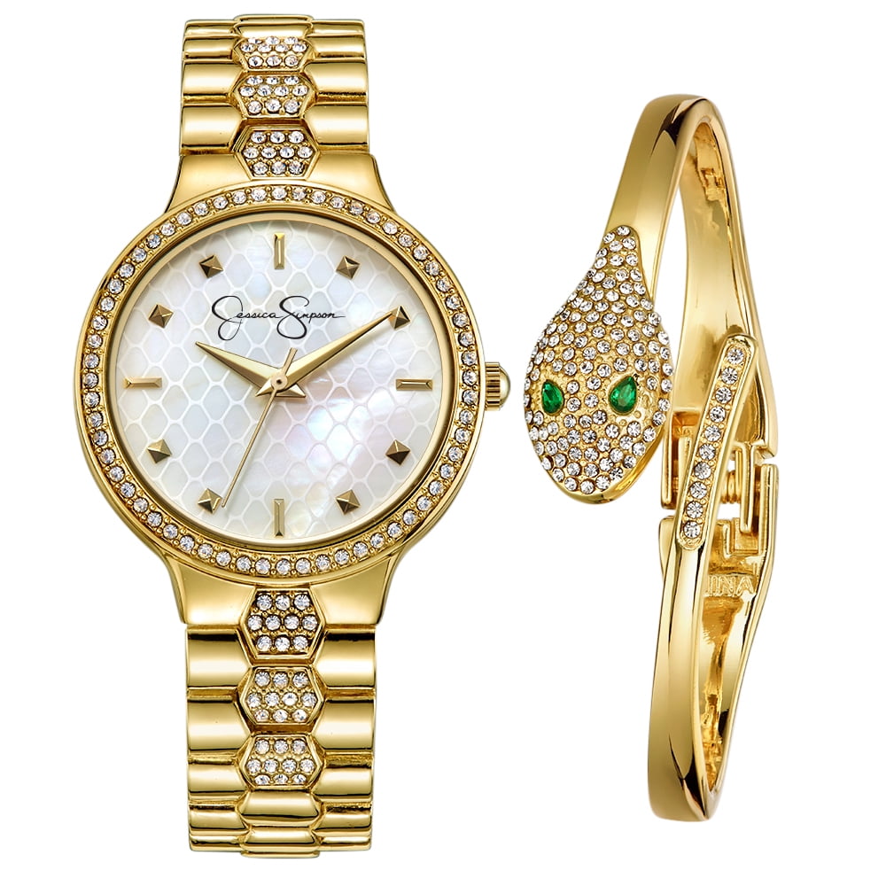 Jessica Simpson Ladies 34mm Gold Tone Crystal Accent Mother Of Pearl ...