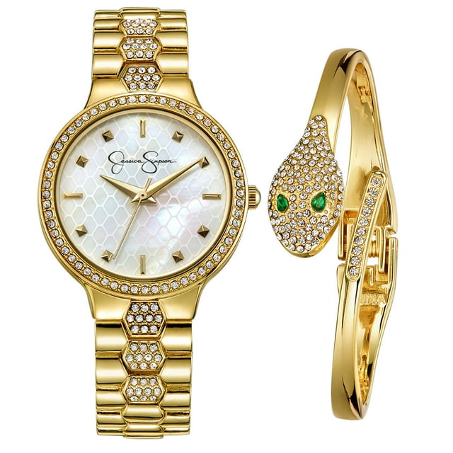 Jessica Simpson Ladies 34mm Gold Tone Crystal Accent Mother Of Pearl ...