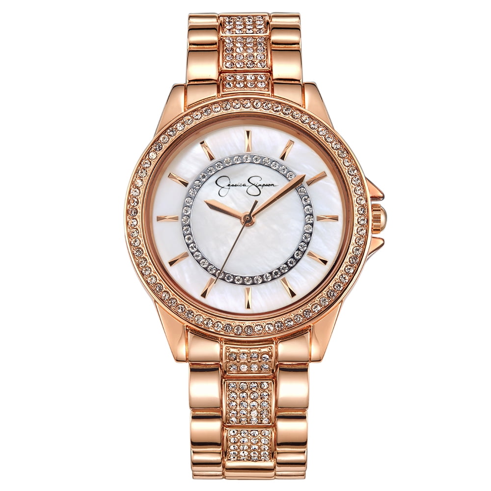 Jessica Simpson Ladies 37mm Rose Tone Crystal Accent Genuine Mother Of ...