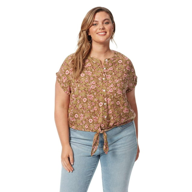 Jessica Simpson Plus Size Louelle Short Cuffed Sleeve Button Down Tie ...