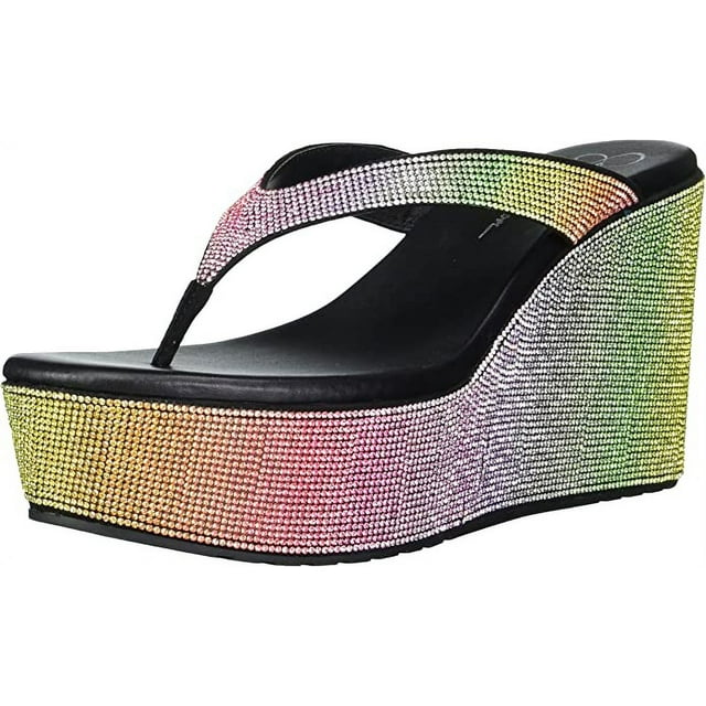 Jessica Simpson Stilla Rainbow Rhinestone Thong Flip Flop Wedge Platform Sandals (Black/Rainbow ...