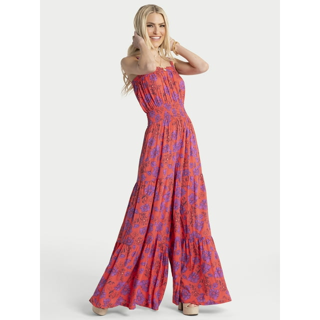 Jessica Simpson Women's Delene Smocked Wide Leg Jumpsuit, 30.5" Inseam ...