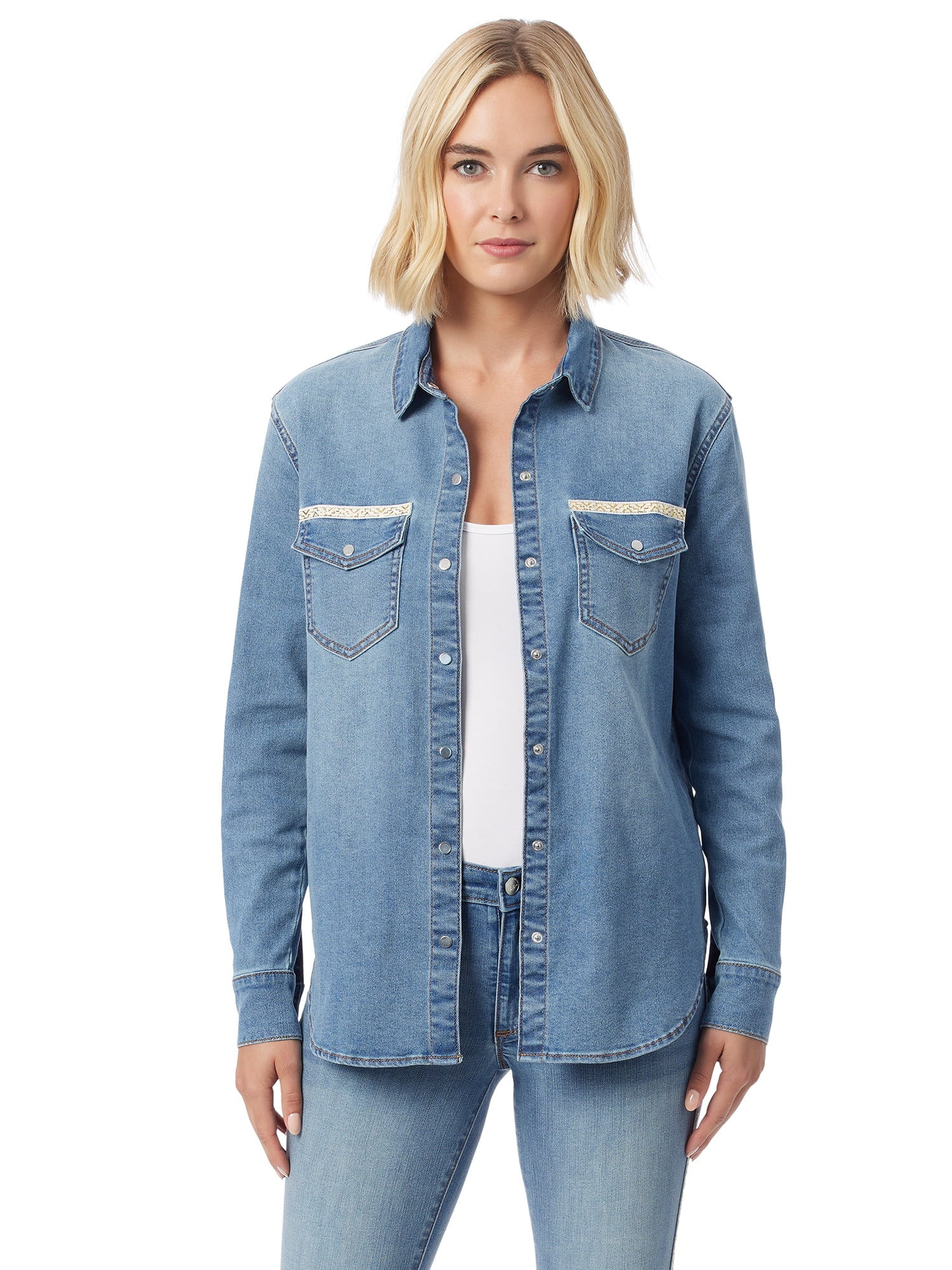 Jessica Simpson Women's and Women's Plus Denim Button Up Shirt, Sizes ...