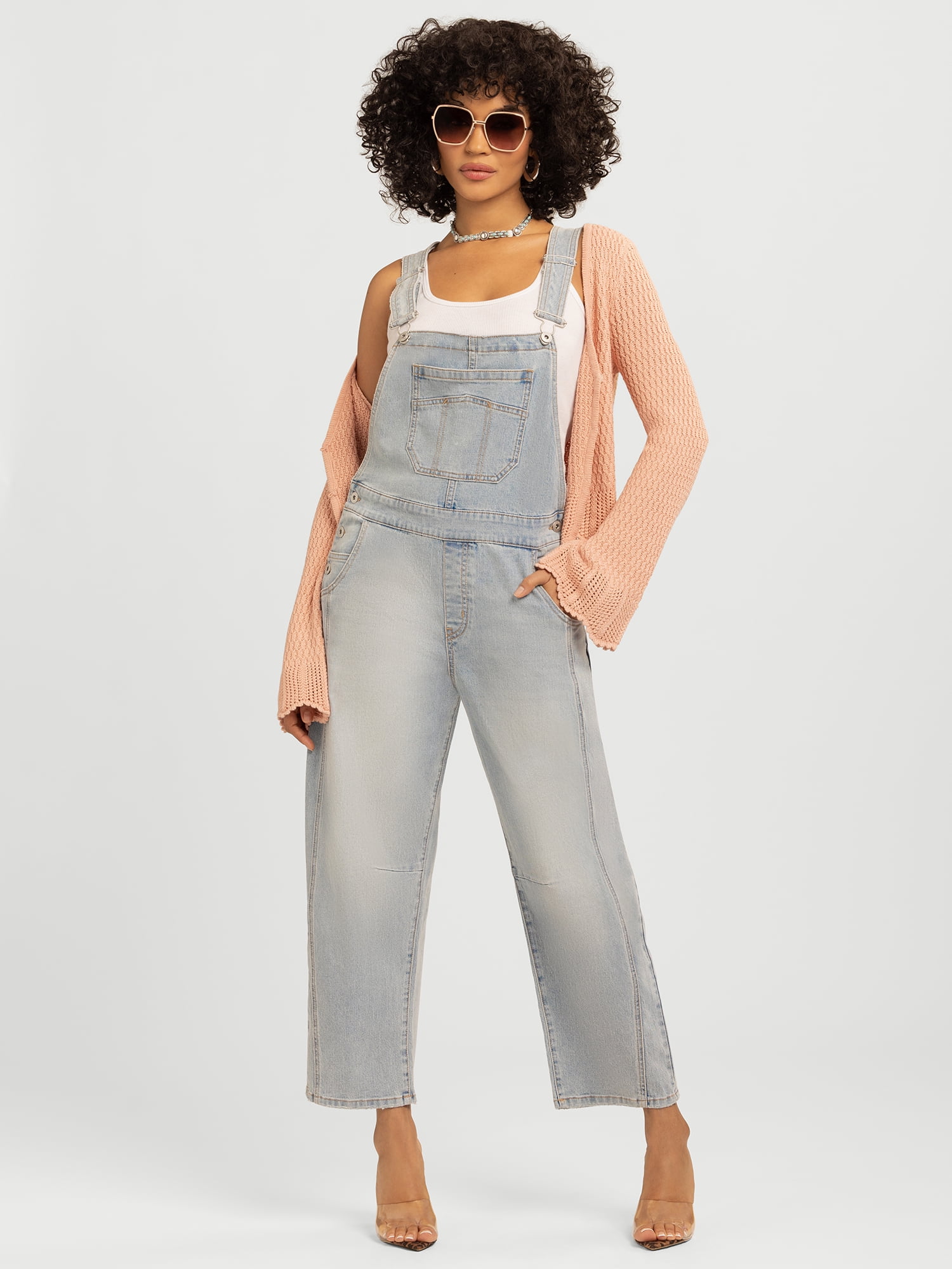 Jessica Simpson Women's Cropped Barrel Leg Denim Overalls, 26" Inseam ...