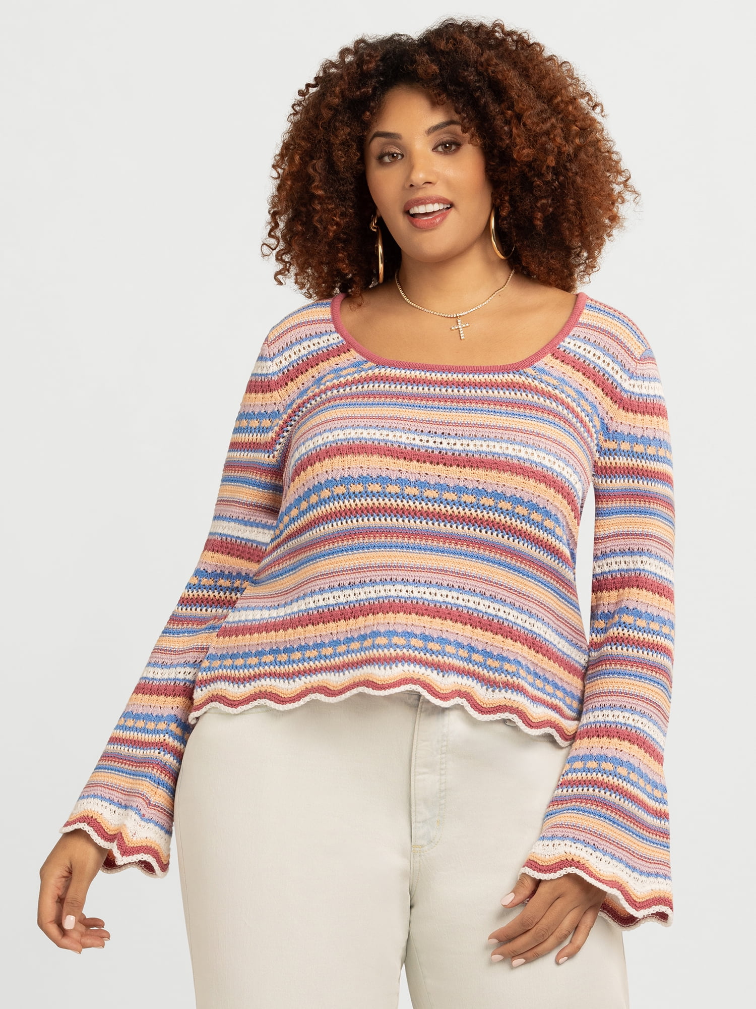 Jessica Simpson Women's Plus Lilianna Cotton Pointelle Sweater with ...